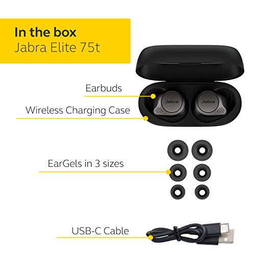 Jabra Elite 75tβ True Wireless Earbuds with Charging Case, Titanium Black β Active Noise Cancelling Bluetooth Earbuds with a Comfortable, Secure Fit, Long Battery Life, Great Sound