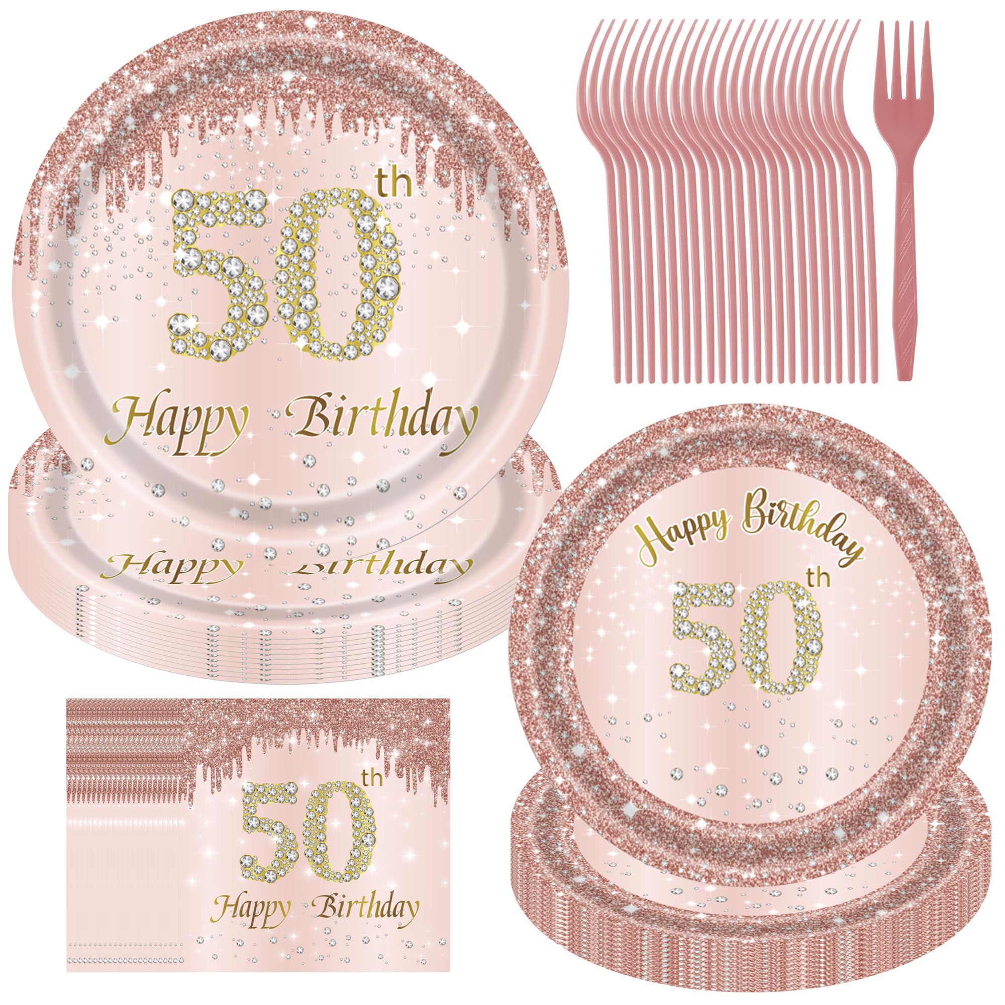 50th Birthday Decorations for Women, 96PCS 50th Birthday Plates and Napkins Rose Gold Plates Party Supplies Happy 50th Birthday Party Decorations for Women 50th Birthday Party Decorations Serves 24
