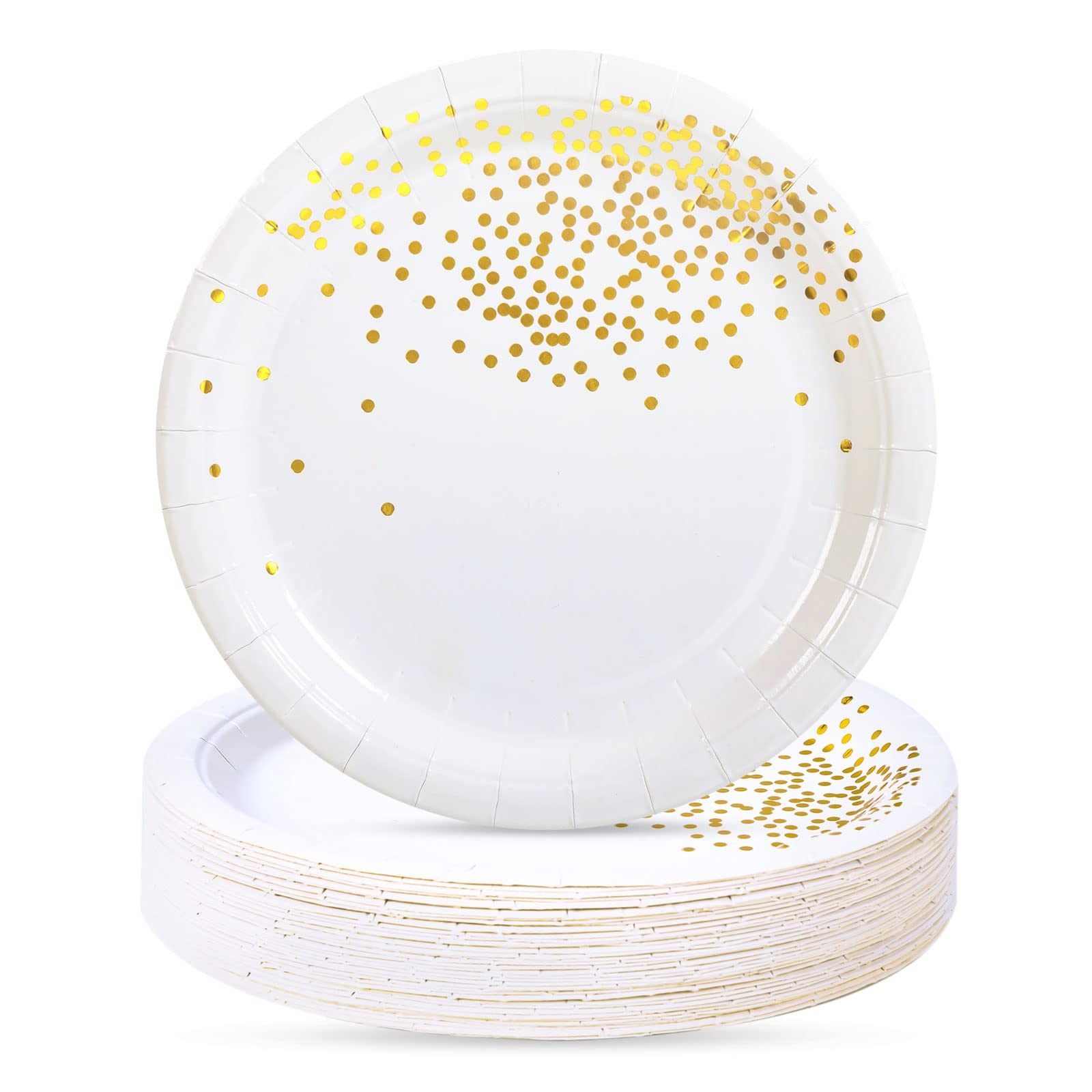 Simbago Gold Dots Party Paper Plates, 50 PCS Disposable Party Supplies Dessert Paper Plates for Birthday Party,Wedding Birdal Christmas Baby Shower (7 inches)