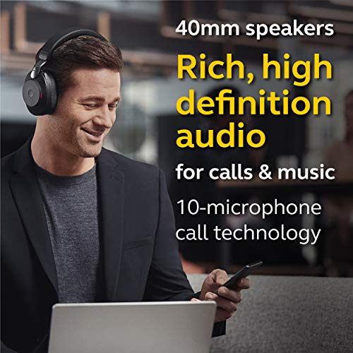 Jabra Evolve2 85 UC Wireless Headphones with Link380c, Stereo, Black β Wireless Bluetooth Headset for Calls and Music, 37 Hours of Battery Life, Advanced Noise Cancelling Headphones