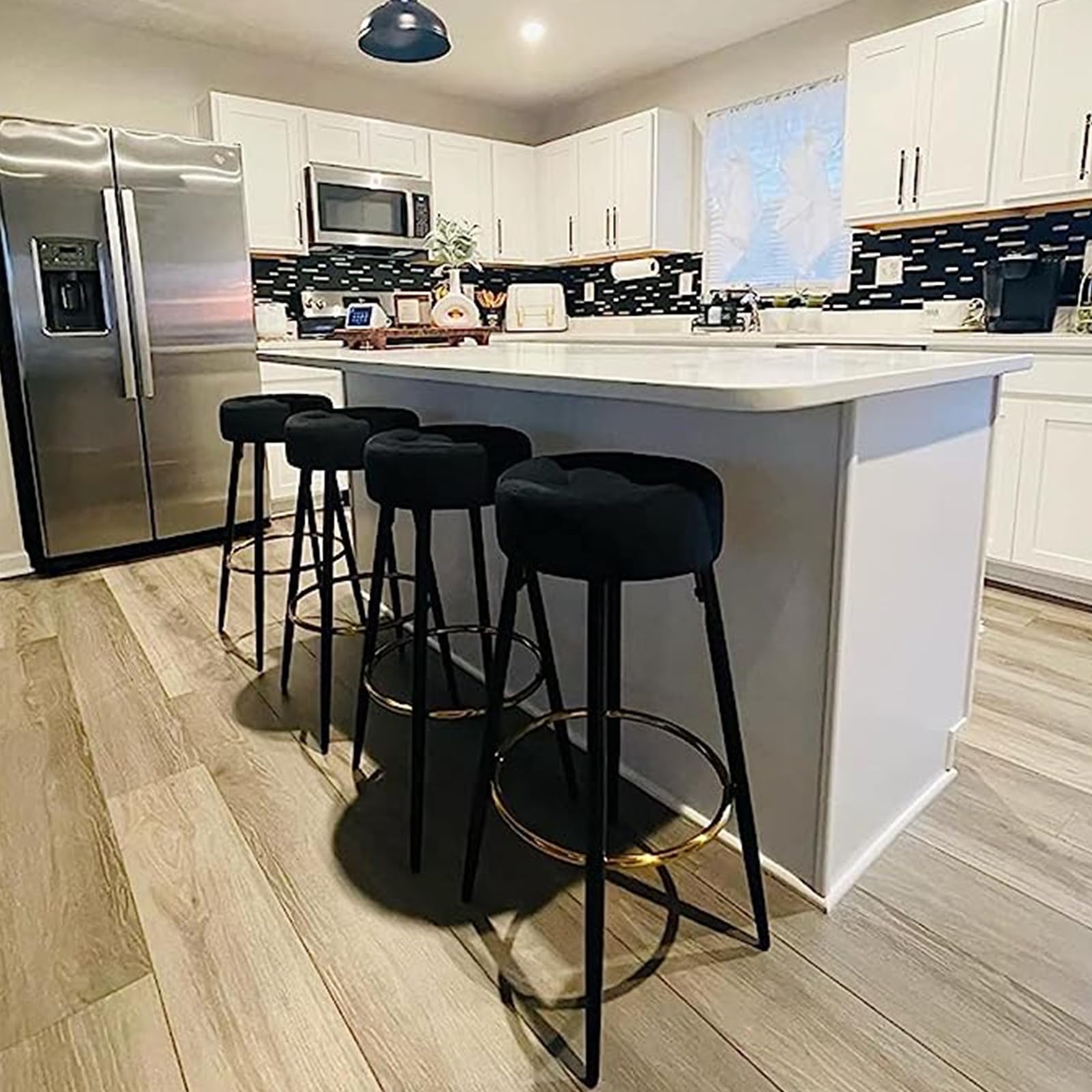 Furnimart 30 inches Modern Round Bar Stools Set of 2, Upholstered Dining Chair Stool with Gold Footrest for Kitchen Island Coffee Pub Shop Bar Height (Velvet-Black)