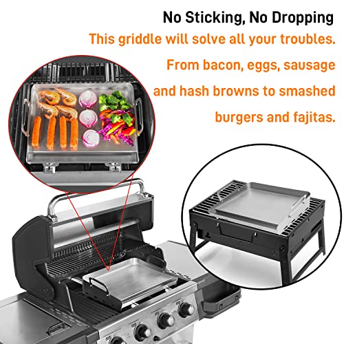 Flat Top Grill, Griddle for Gas Grill 24"x16" with Removable Grease Tray, Stove Top Griddle Even Heat Distribution, Stainless Steel Griddle Grill with Retractable Stand Accommodates Different Grill