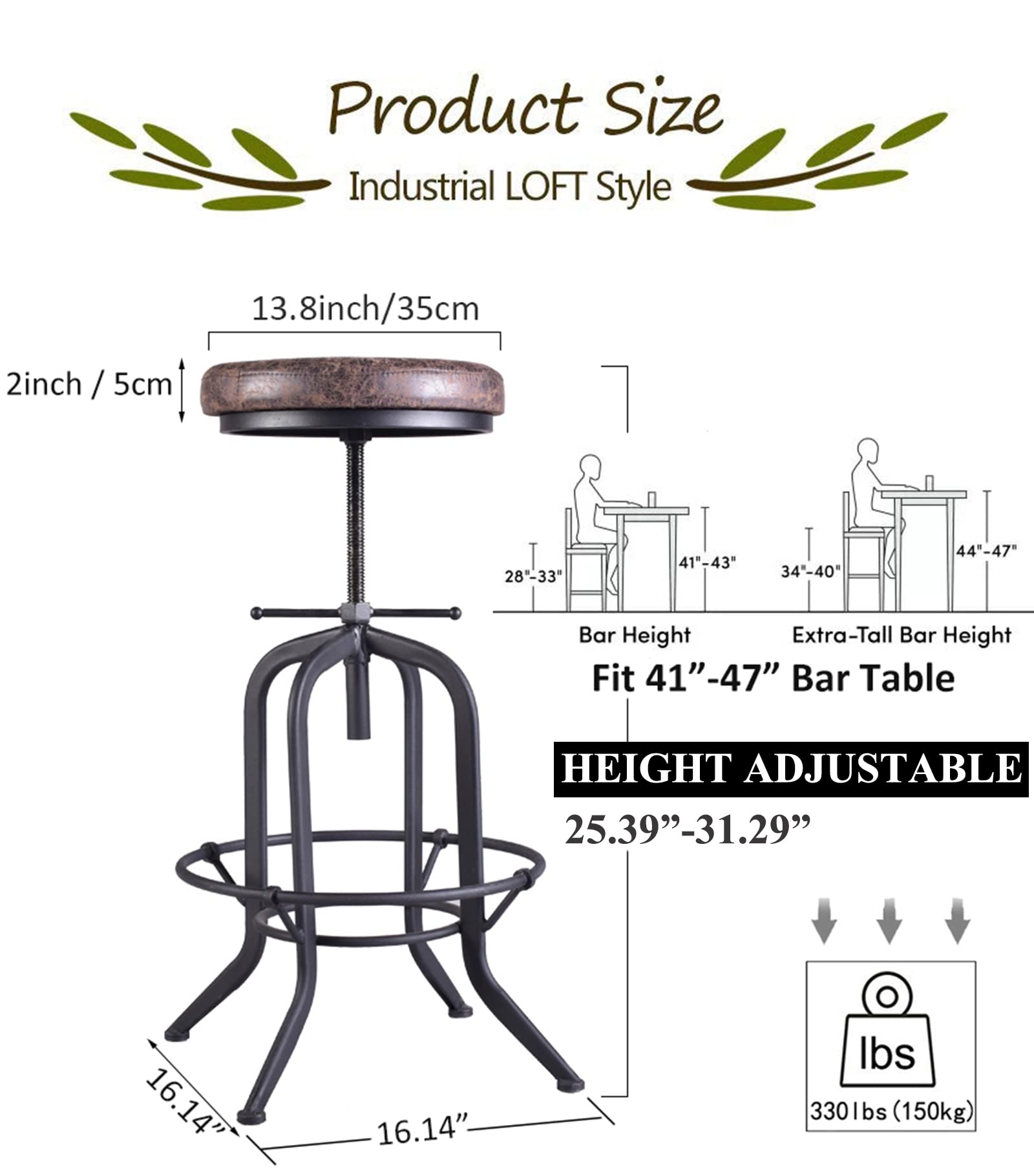 Set of 2 Industrial Bar Stool,Kitchen Stool-Adjustable Swivel Vintage Pu Leather Bar Stool-Rustic Bar Stool with Cushion Seat-Metal Iron Pipe Stool-Extra Tall Pub Height 25.39-31.29 Inch,Fully Welded