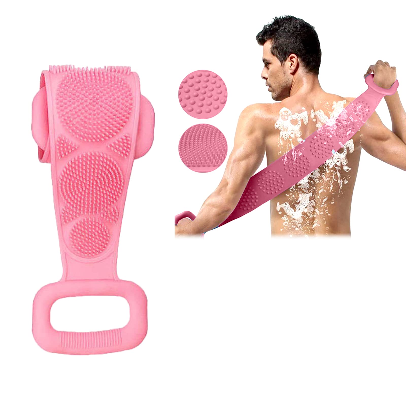 Exfoliating Silicone Bath Scrubber for Men and Women, Dual Side Handle Easy to Reach on Full Body, Soft and Smooth for Sensitive Skin (28.3* Length 4.3â Width) (Pink)