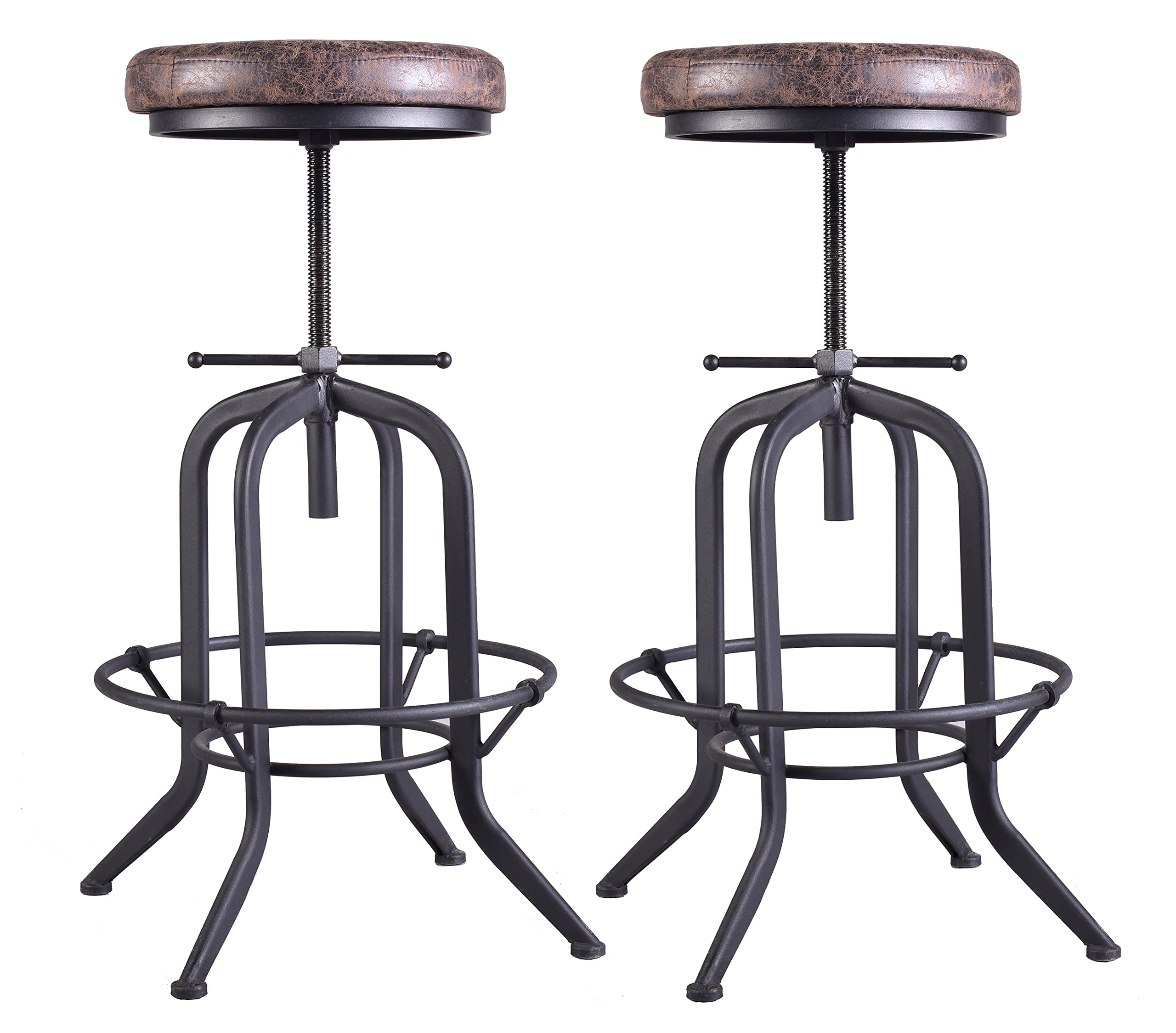 Set of 2 Industrial Bar Stool,Kitchen Stool-Adjustable Swivel Vintage Pu Leather Bar Stool-Rustic Bar Stool with Cushion Seat-Metal Iron Pipe Stool-Extra Tall Pub Height 25.39-31.29 Inch,Fully Welded