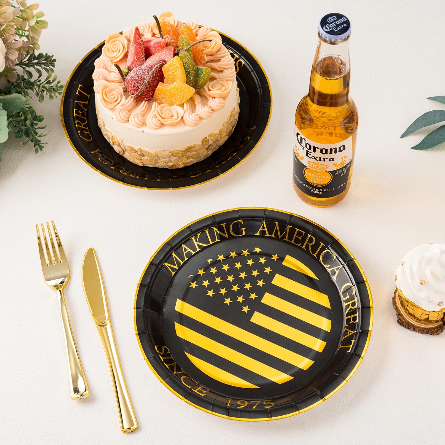 Crisky 50th Birthday Plates Black and Gold Dessert, Buffet, Cake, Lunch, Dinner Plates for 50th Birthday Decorations Party Supplies, Making Great Since 1975. 50 Count, 9" Plate