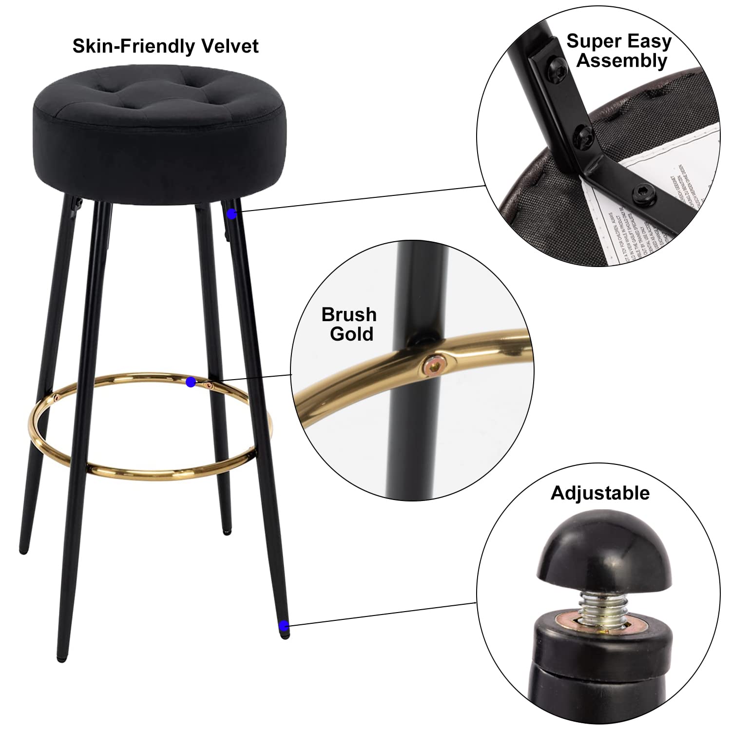 Furnimart 30 inches Modern Round Bar Stools Set of 2, Upholstered Dining Chair Stool with Gold Footrest for Kitchen Island Coffee Pub Shop Bar Height (Velvet-Black)