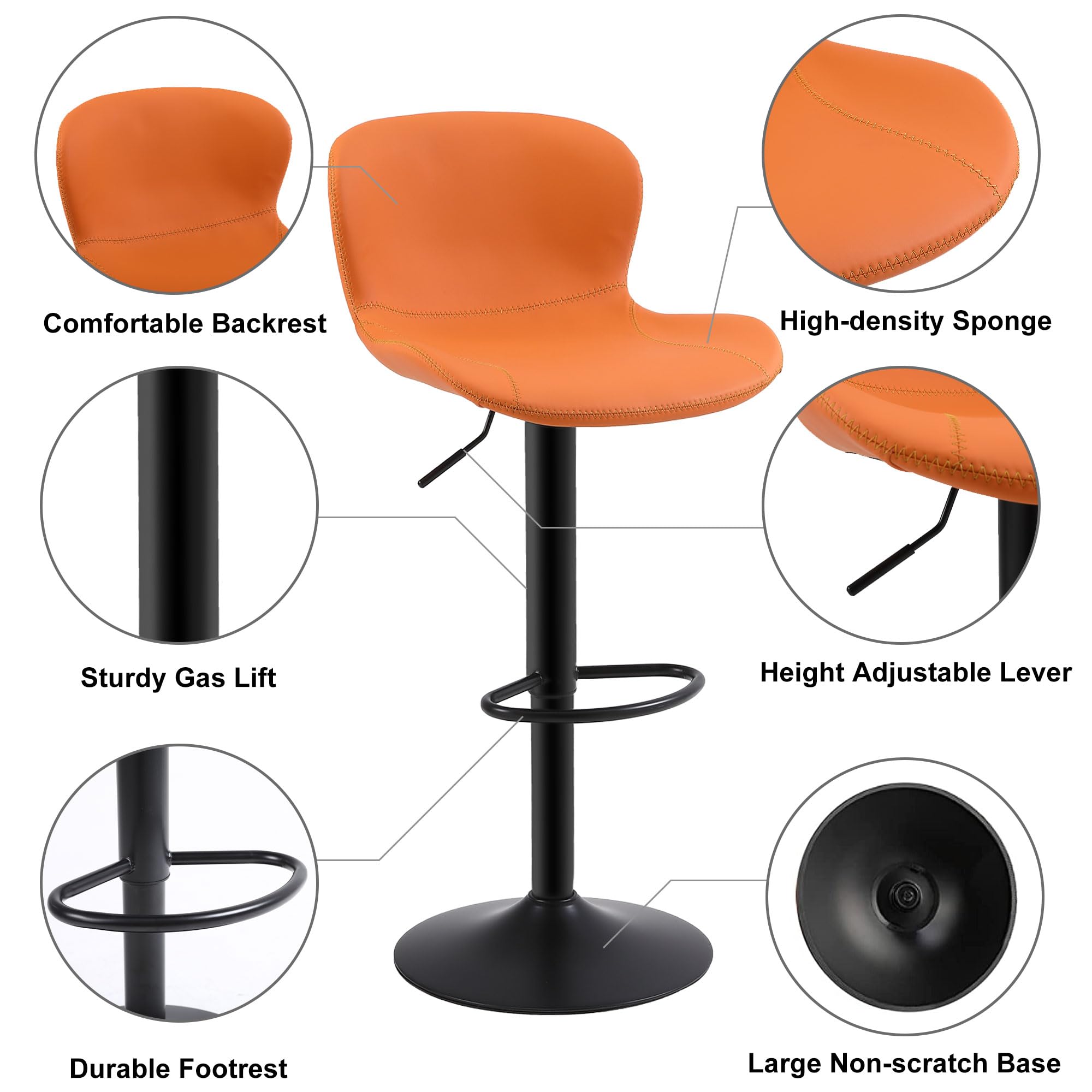 Youhauchair Bar Stools Set of 2, PU Leather Counter Height Barstools with Back, Height Adjustable Swivel Bar Chairs, Modern Armless Kitchen Island Stool, Orange