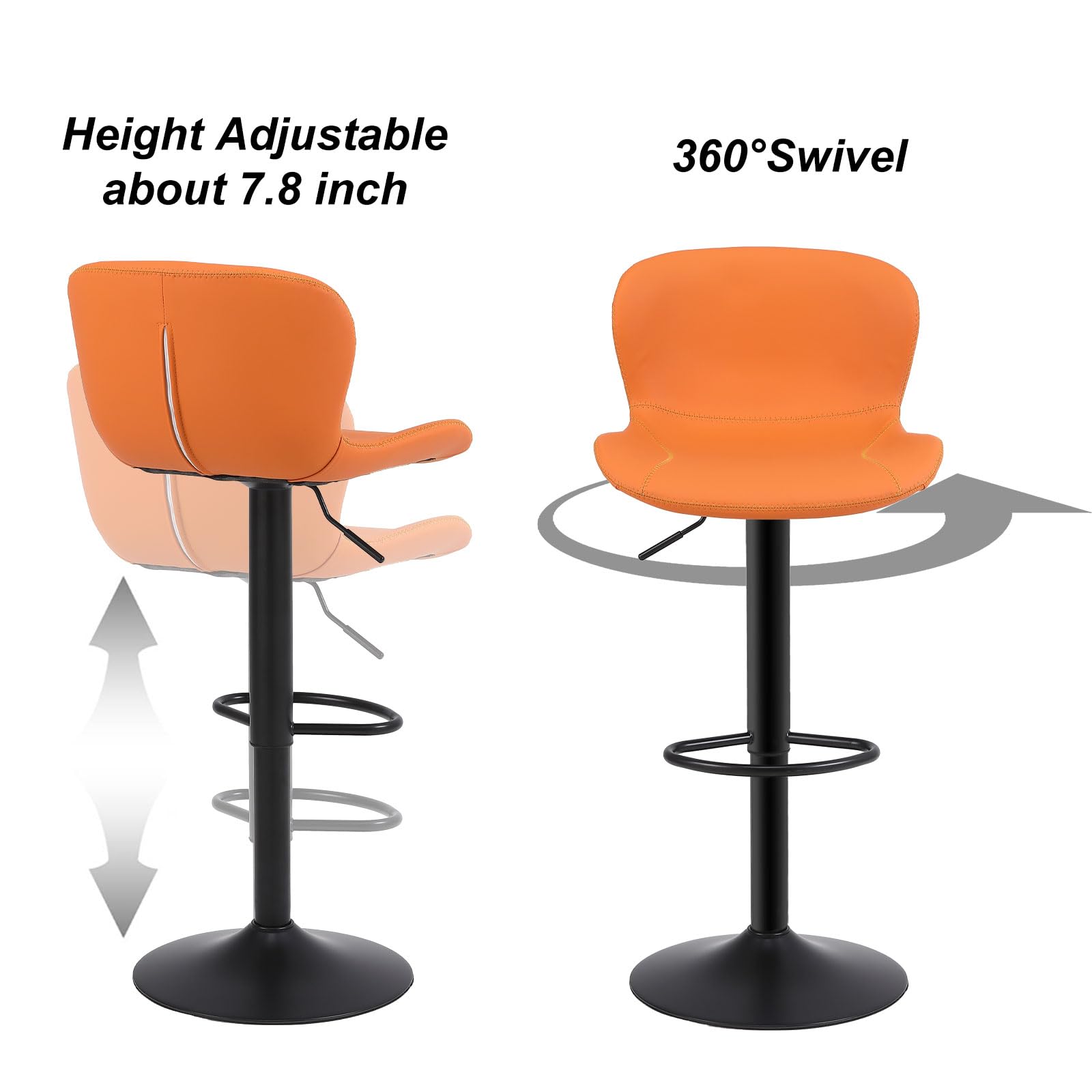 Youhauchair Bar Stools Set of 2, PU Leather Counter Height Barstools with Back, Height Adjustable Swivel Bar Chairs, Modern Armless Kitchen Island Stool, Orange