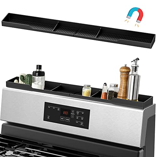 AWOKE Stove Top Shelf 20 Inch - Silicone Magnetic Shelf Over the Stove - 3 Functional Partitions Kitchen Spice Rack Organizer (Black)