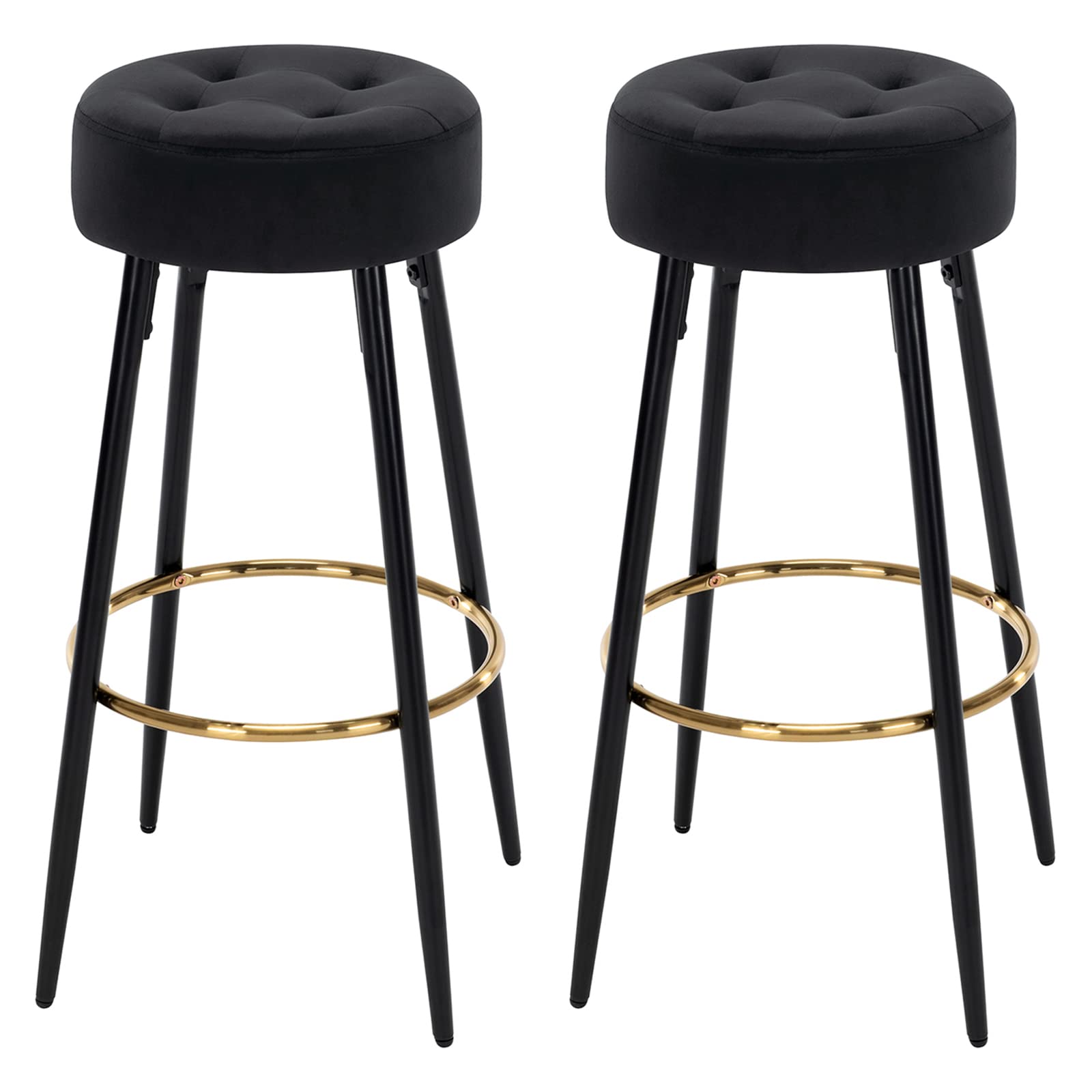 Furnimart 30 inches Modern Round Bar Stools Set of 2, Upholstered Dining Chair Stool with Gold Footrest for Kitchen Island Coffee Pub Shop Bar Height (Velvet-Black)
