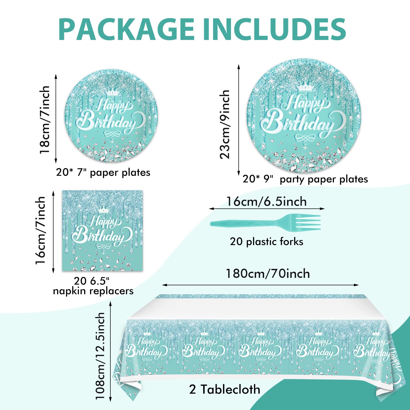 82PCS Teal Birthday Decorations Teal and Silver Tableware Set for Happy Birthday Party Decorations Breakfast Blue Theme Table Covers Plates Napkins for Girls Women Silver GlitterParty Supplies