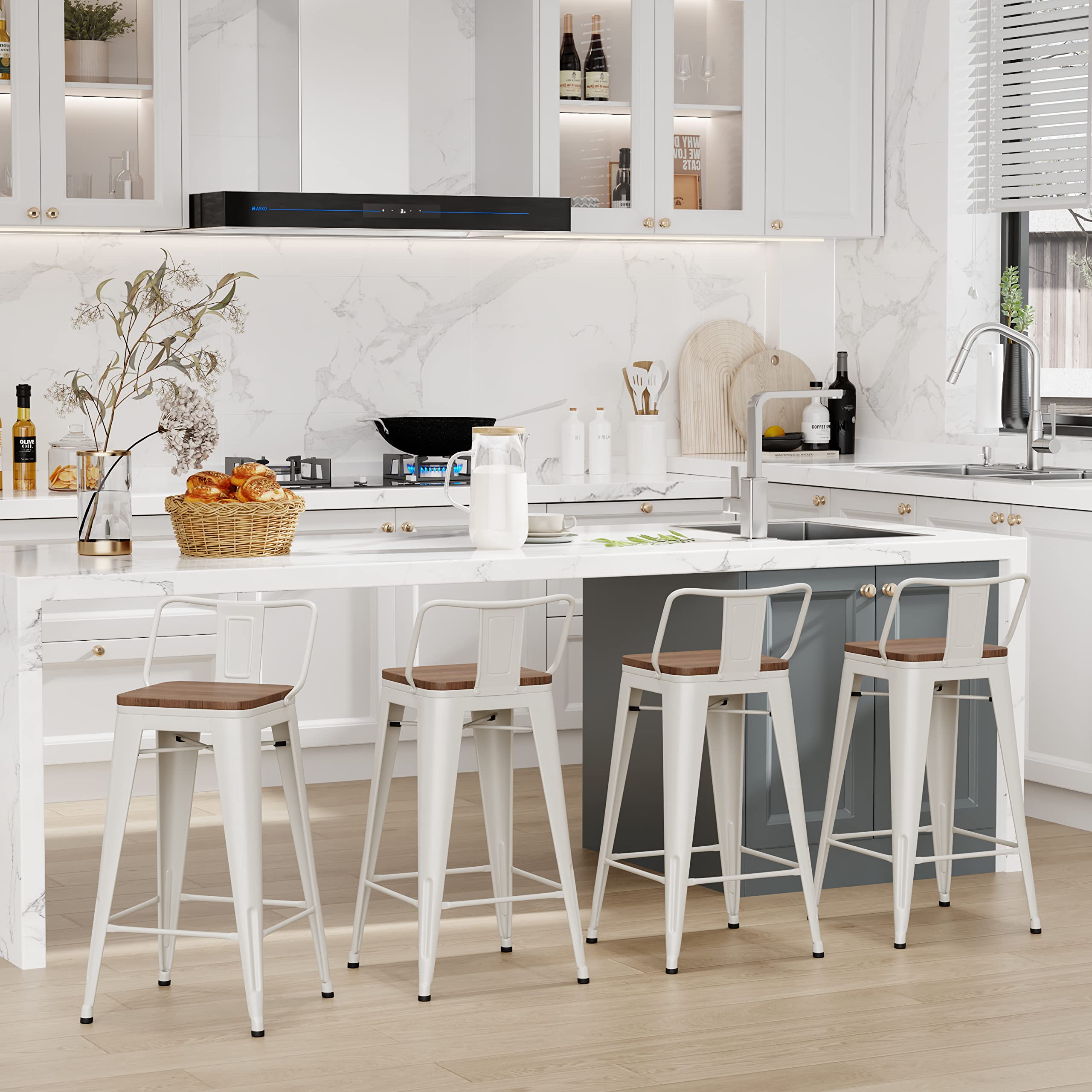Changjie Furniture 24 Inch Bar Stools Set of 4 Industrial Metal Barstools Counter Height Bar Stool with Backs for Home Kitchen (24 inch, White)