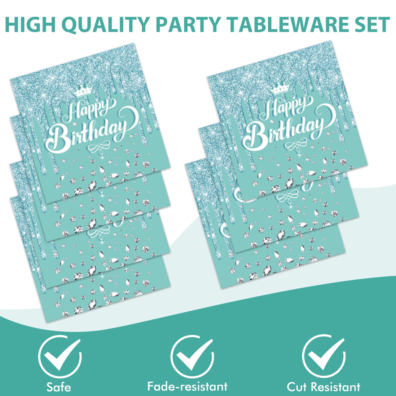 82PCS Teal Birthday Decorations Teal and Silver Tableware Set for Happy Birthday Party Decorations Breakfast Blue Theme Table Covers Plates Napkins for Girls Women Silver GlitterParty Supplies