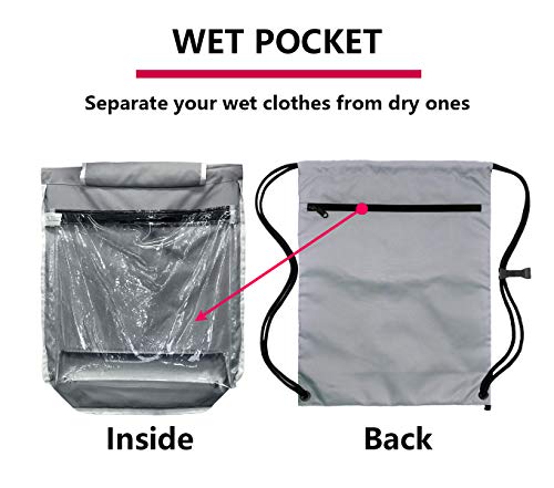 HOLYLUCK Packable Drawstring Sackpack Wet Pocket with Zipper and Water Bottle Mesh Pockets (Grey)