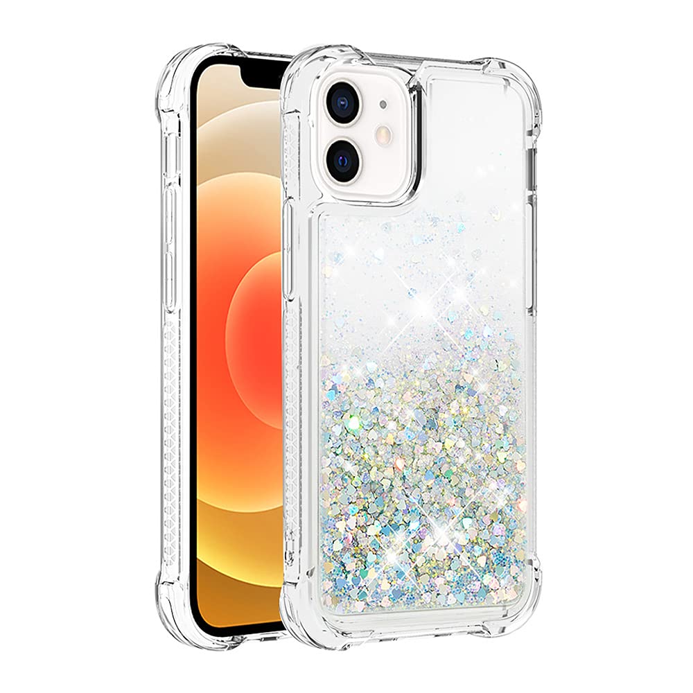 COTDINFOR Compatible with iPhone 12 Mini Case Glitter Liquid Cute Clear Phone Case Floating Quicksand Shockproof Protective Bumper Silicone Soft TPU Case for iPhone 12 Mini 5.4 Inch Love Sliver YB