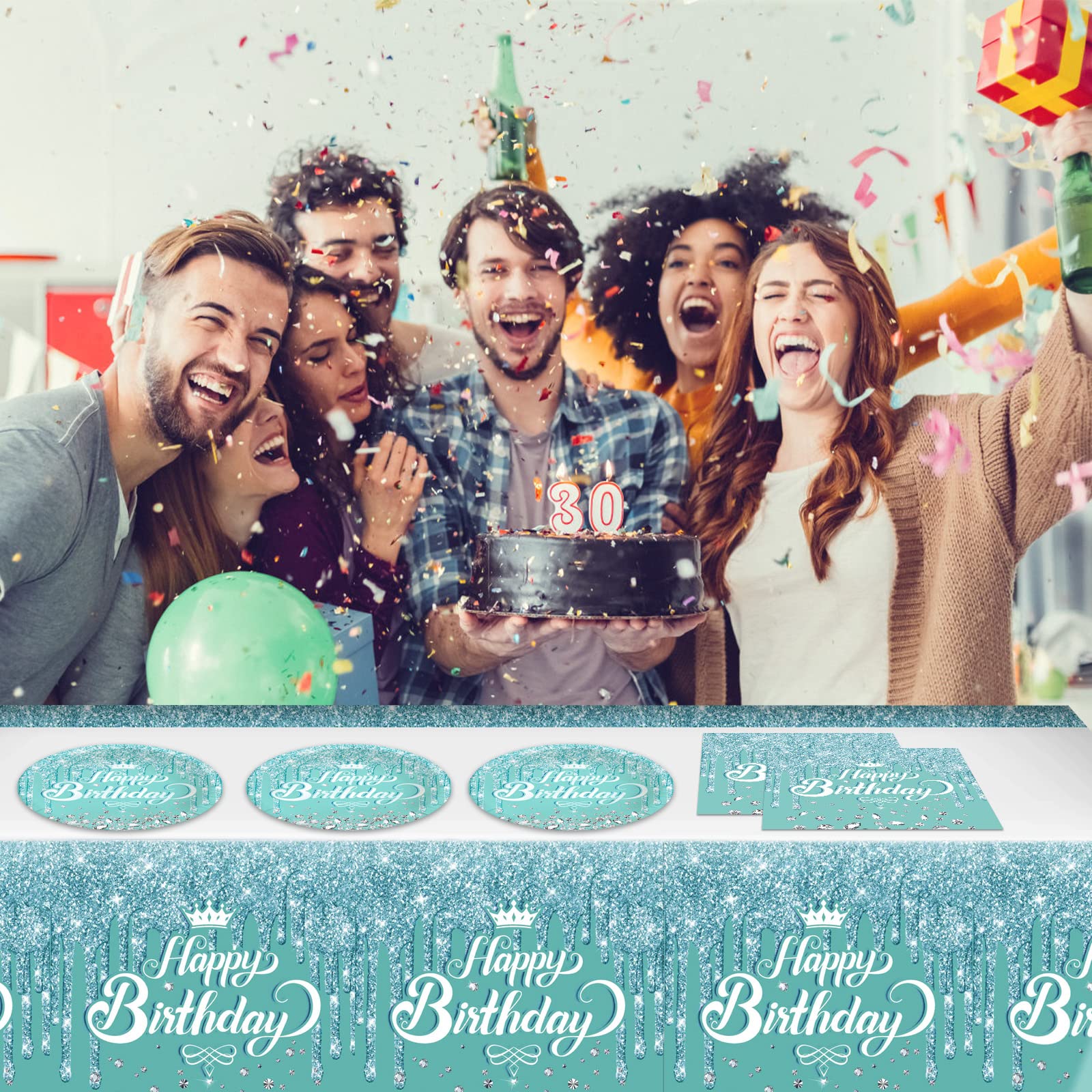 82PCS Teal Birthday Decorations Teal and Silver Tableware Set for Happy Birthday Party Decorations Breakfast Blue Theme Table Covers Plates Napkins for Girls Women Silver GlitterParty Supplies