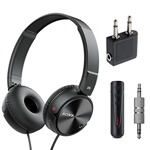 Sony Wired Noise Cancelling Stereo Headphones (Black) + Airline Headphone Adapter + NeeGo Wireless Bluetooth Receiver
