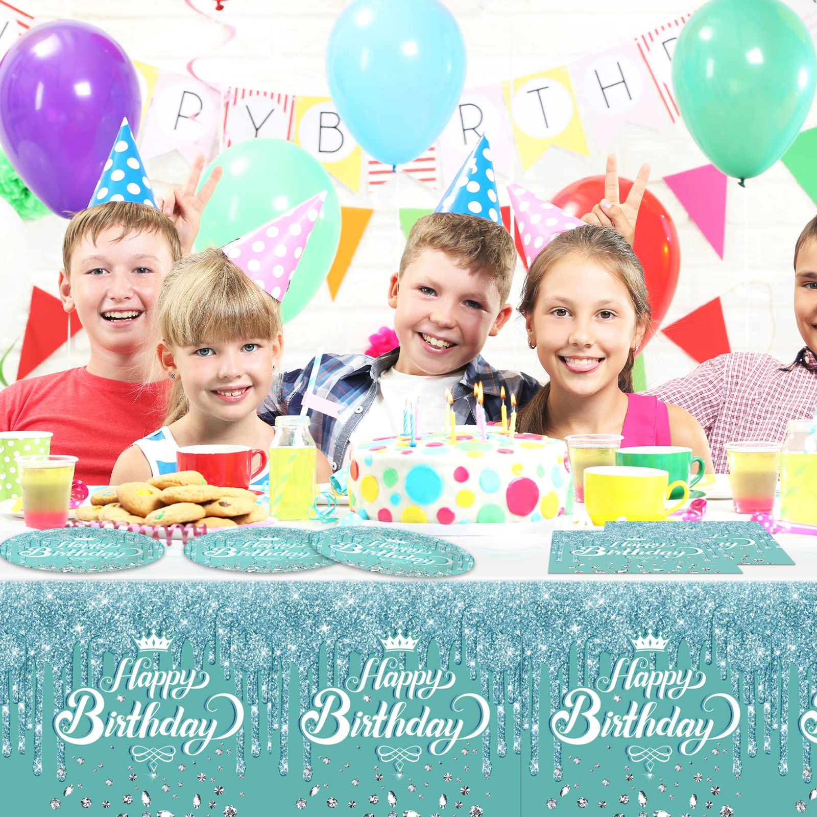 82PCS Teal Birthday Decorations Teal and Silver Tableware Set for Happy Birthday Party Decorations Breakfast Blue Theme Table Covers Plates Napkins for Girls Women Silver GlitterParty Supplies