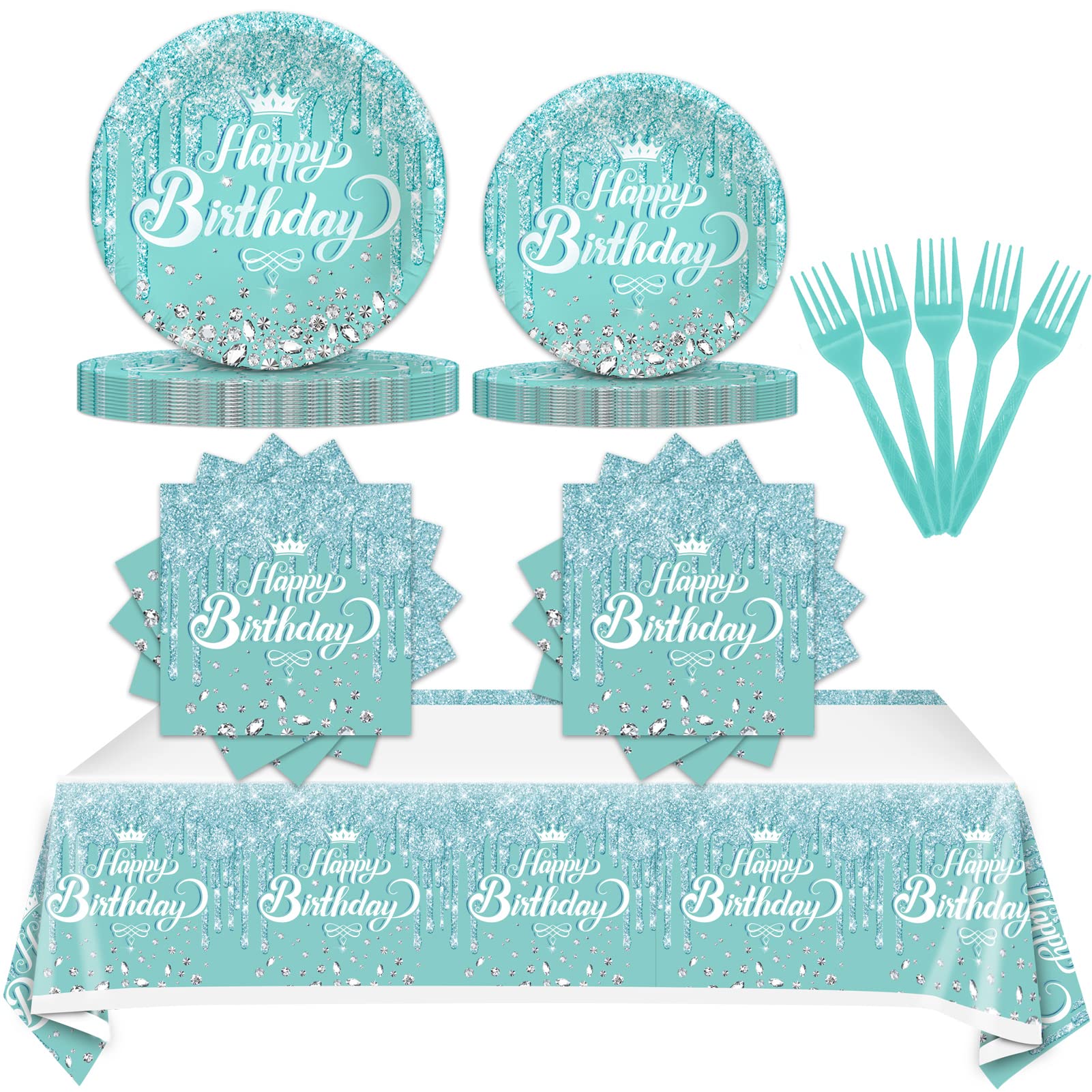 82PCS Teal Birthday Decorations Teal and Silver Tableware Set for Happy Birthday Party Decorations Breakfast Blue Theme Table Covers Plates Napkins for Girls Women Silver GlitterParty Supplies