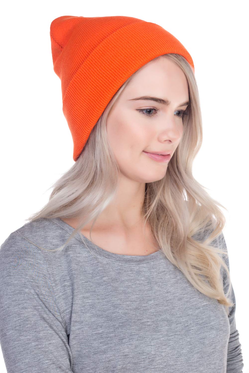 Top Level Unisex Cuffed Plain Skull Beanie Toboggan Knit Hat/Cap, Orange