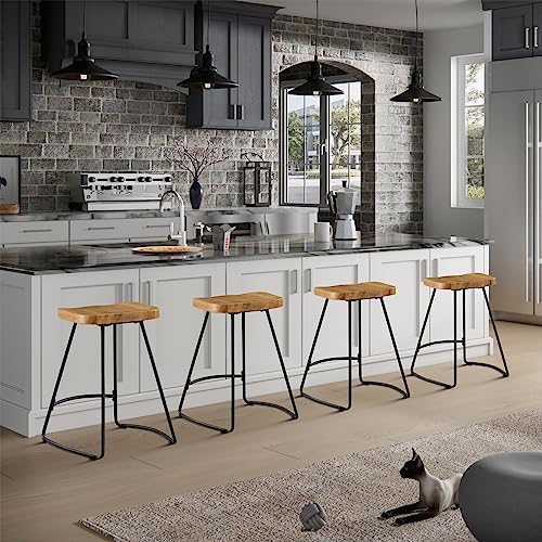 JUBILOOM 24 Inch Bar Stools, Counter Height Bar Stools with Metal Leg, Kitchen Stools with Wood Saddle, Industrial Backless Bar Stools for Kitchen Island, Natural Solid Elm Wood Black Metal, 624PNR1