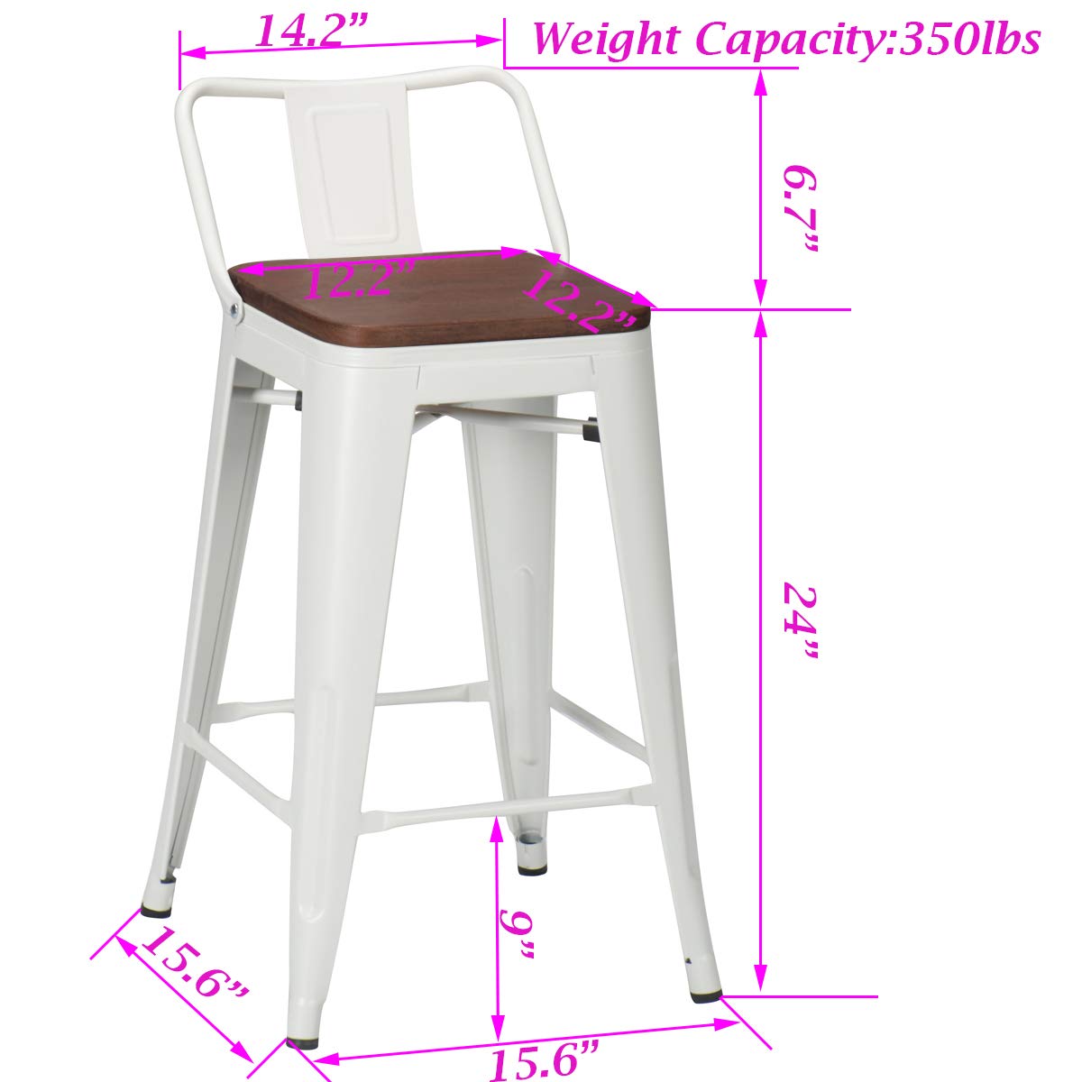 Changjie Furniture 24 Inch Bar Stools Set of 4 Industrial Metal Barstools Counter Height Bar Stool with Backs for Home Kitchen (24 inch, White)