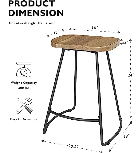 JUBILOOM 24 Inch Bar Stools, Counter Height Bar Stools with Metal Leg, Kitchen Stools with Wood Saddle, Industrial Backless Bar Stools for Kitchen Island, Natural Solid Elm Wood Black Metal, 624PNR1