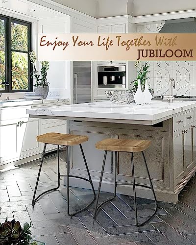 JUBILOOM 24 Inch Bar Stools, Counter Height Bar Stools with Metal Leg, Kitchen Stools with Wood Saddle, Industrial Backless Bar Stools for Kitchen Island, Natural Solid Elm Wood Black Metal, 624PNR1