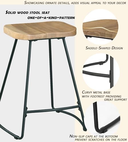 JUBILOOM 24 Inch Bar Stools, Counter Height Bar Stools with Metal Leg, Kitchen Stools with Wood Saddle, Industrial Backless Bar Stools for Kitchen Island, Natural Solid Elm Wood Black Metal, 624PNR1