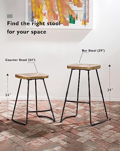 JUBILOOM 24 Inch Bar Stools, Counter Height Bar Stools with Metal Leg, Kitchen Stools with Wood Saddle, Industrial Backless Bar Stools for Kitchen Island, Natural Solid Elm Wood Black Metal, 624PNR1