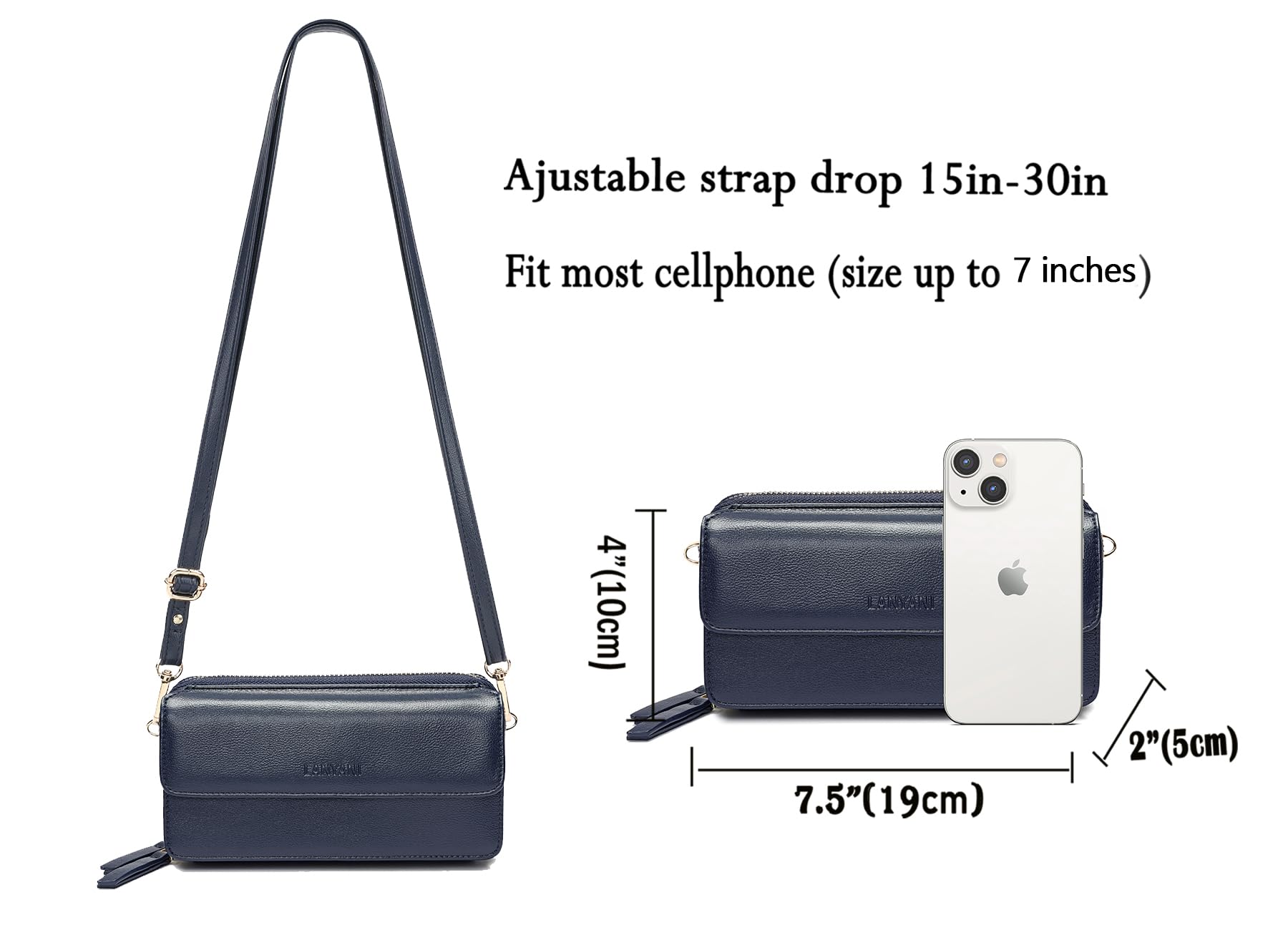 Women Crossbody Wallet RFID Blocking Cell Phone wristlet Purse with shoulder strap small crossbody bag (Navy blue)