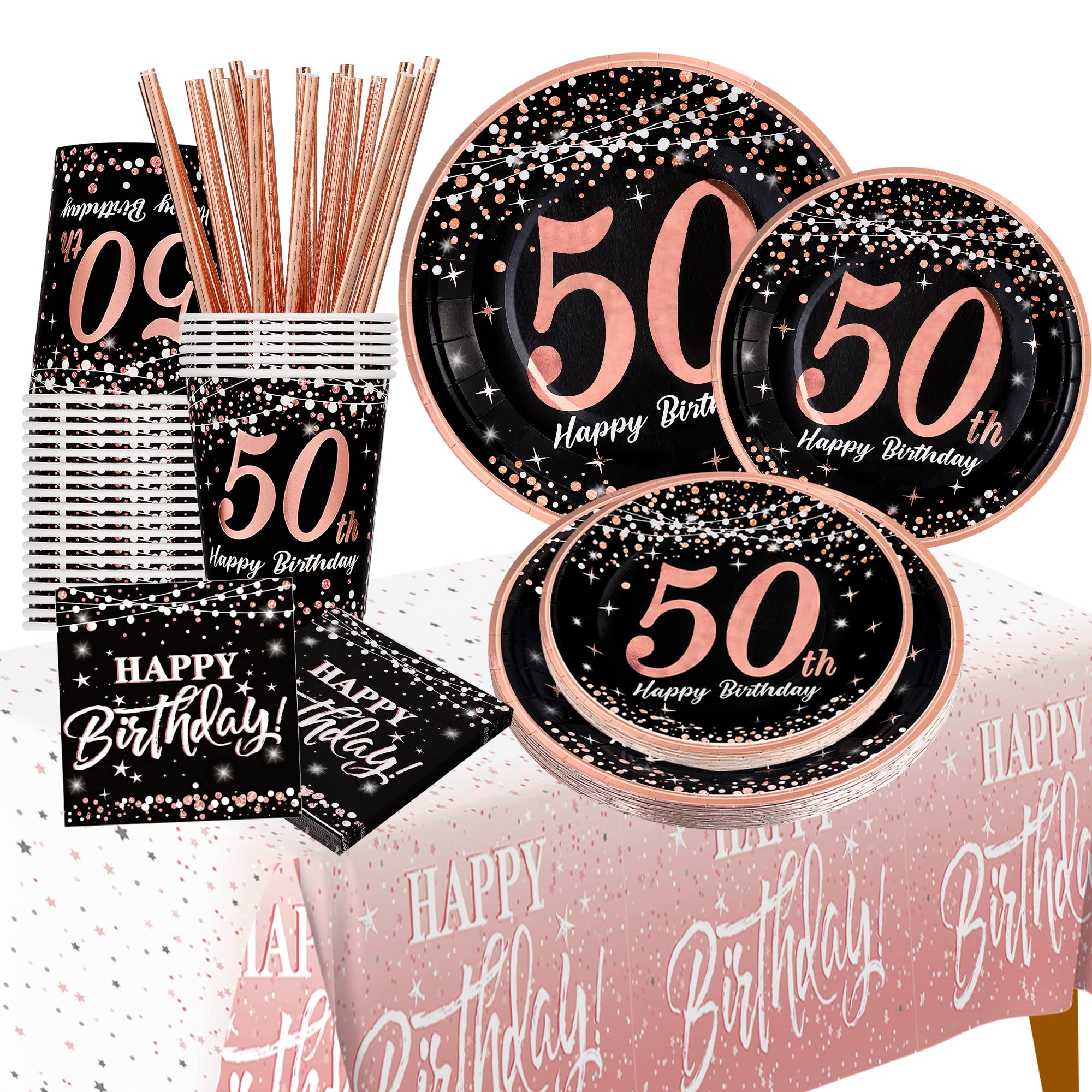 50th birthday decorations for women - (Total 121pcs) rose gold Birthday supplies Plates and Napkins, Cups, Straws, tablecloth, Disposable Tableware for 24 Guests
