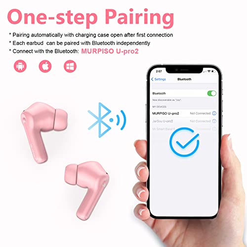 MURPISO Wireless Earbuds, Active Noise Cancelling Bluetooth5.2 Deep Bass Headphones with 4 Mics, 35 Hours Playtime, IPX6 Waterproof Earphones, in-Ear Bluetooth Earbuds for iPhone Android Pink