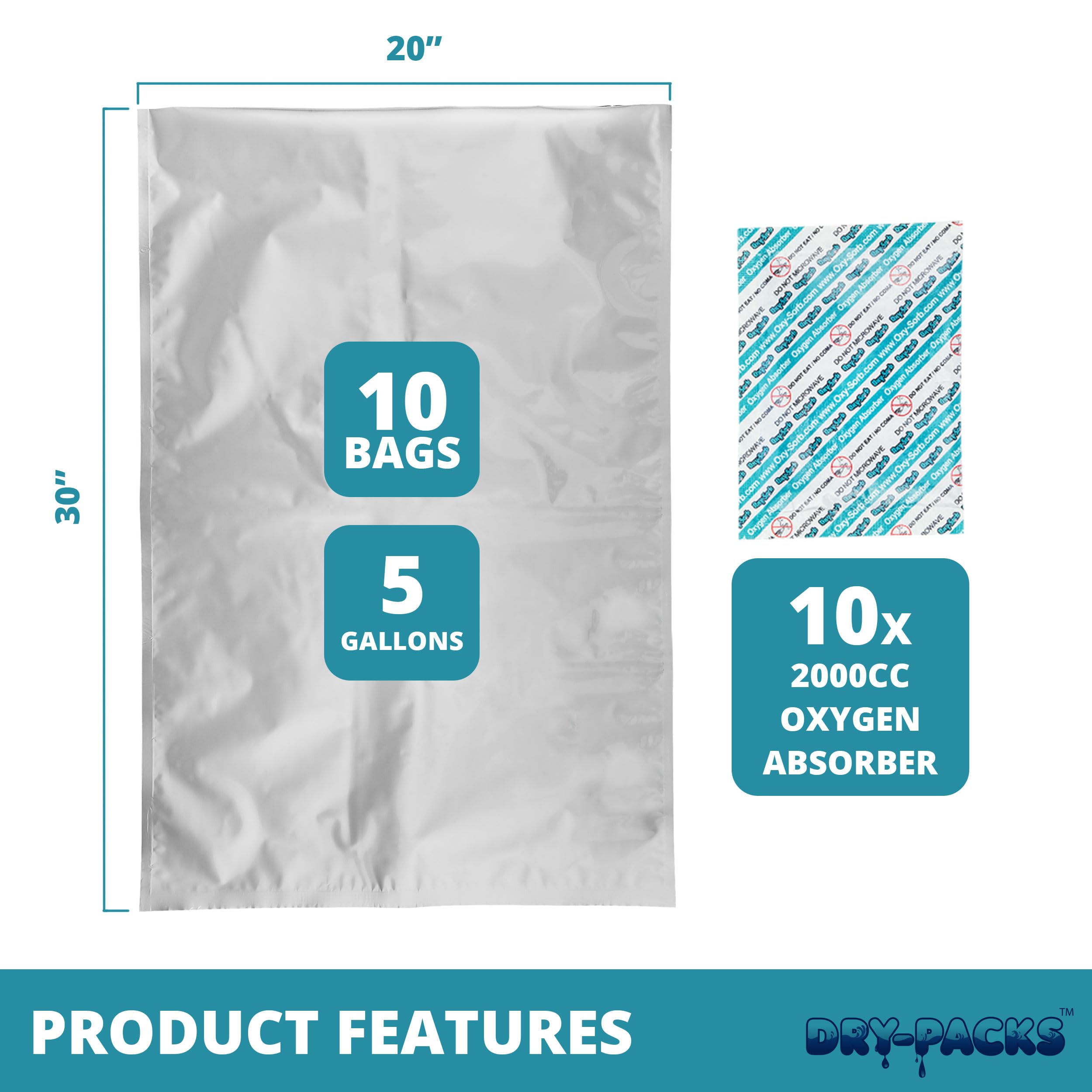 Dry-Packs 10 5 Gallon Mylar Bags with Oxygen Absorbers for Food Storage, 2000cc Oxygen Absorber, Long Term Food Storage Solution, Durable and Reliable Mylar Bags, 20"x30" Silver