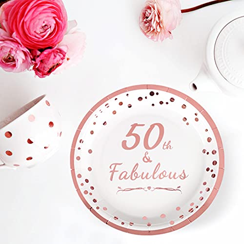 50th Birthday Rose Gold Women Party Supplies Plates Set, Disposable Paper Tableware for 24 Guests, 120pcs Include 7” and 9” Plates, 12 oz Cups, Napkins and Straws