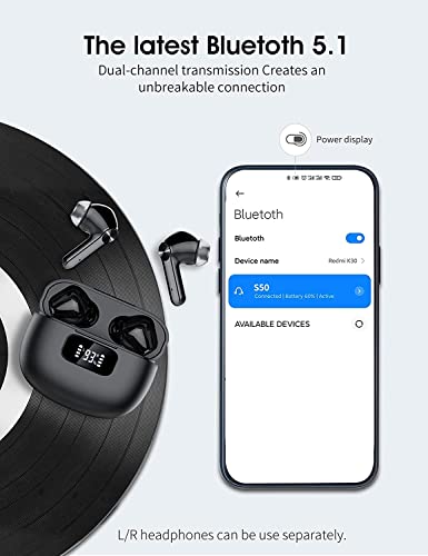 Bluetooth 5.1 Headphones, Wireless Earbuds with LED Digital Display, IPX7 Waterproof, CVC8.0 Noise Cancelling, 40H Playtime with Fast Charging Case, Suitable for Sports and Work
