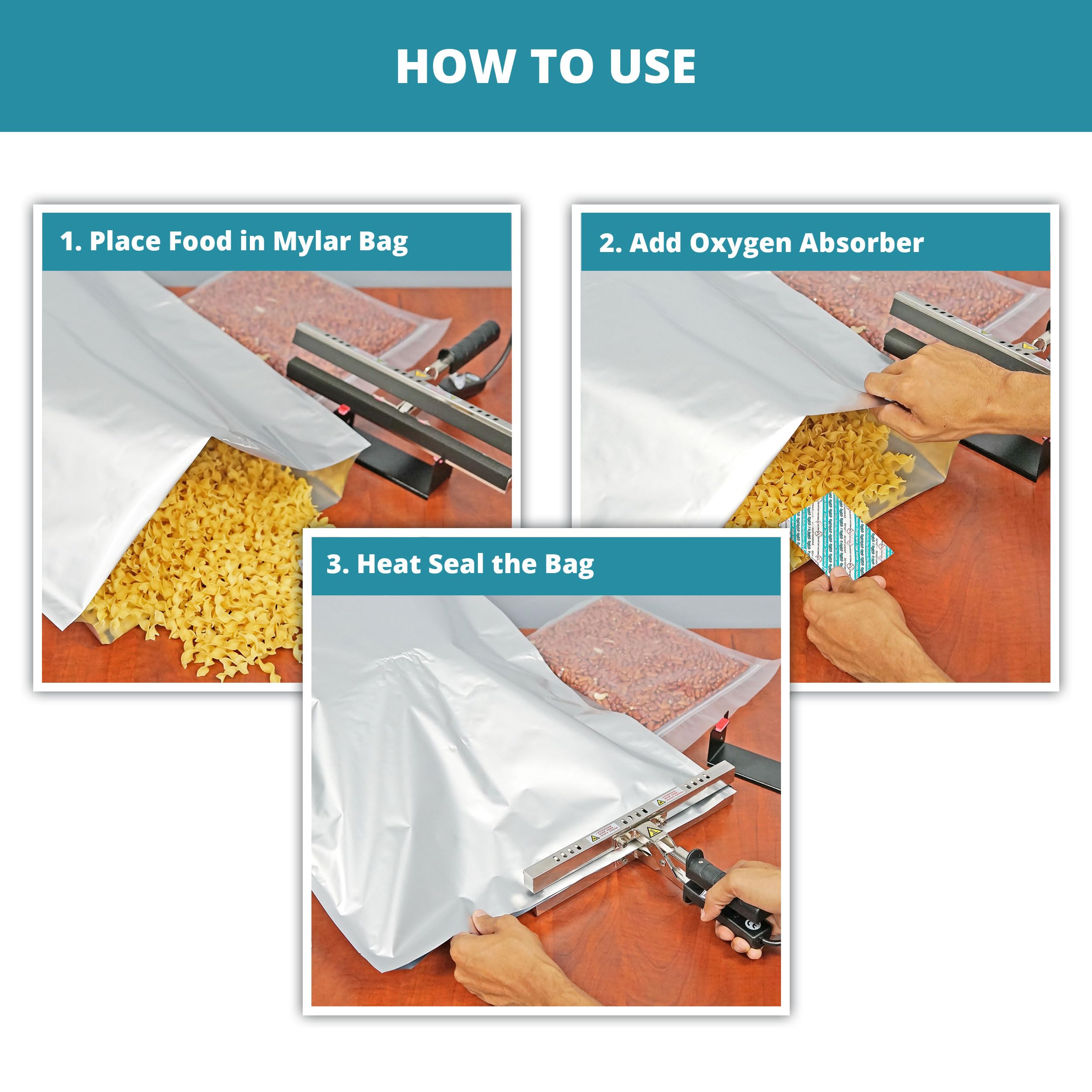 Dry-Packs 10 5 Gallon Mylar Bags with Oxygen Absorbers for Food Storage, 2000cc Oxygen Absorber, Long Term Food Storage Solution, Durable and Reliable Mylar Bags, 20"x30" Silver