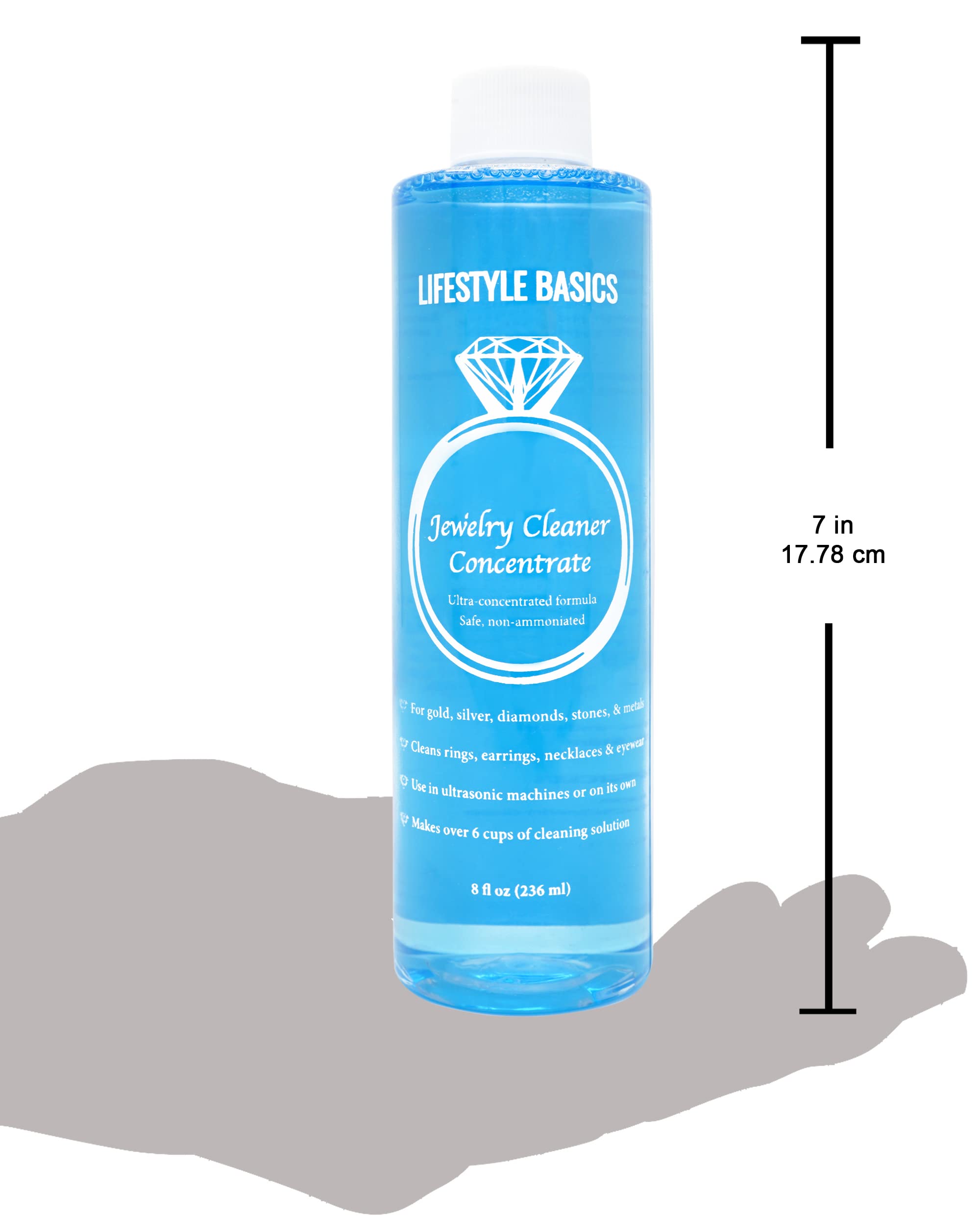 Lifestyle Basics Jewelry Cleaner Solution Liquid Concentrate 8 oz | Cleans Rings, Earrings, Necklaces, Eyewear | Safe for Diamonds, Gold, Silver, Gemstones, and Metals | 1 Bottle Makes 8 Cups