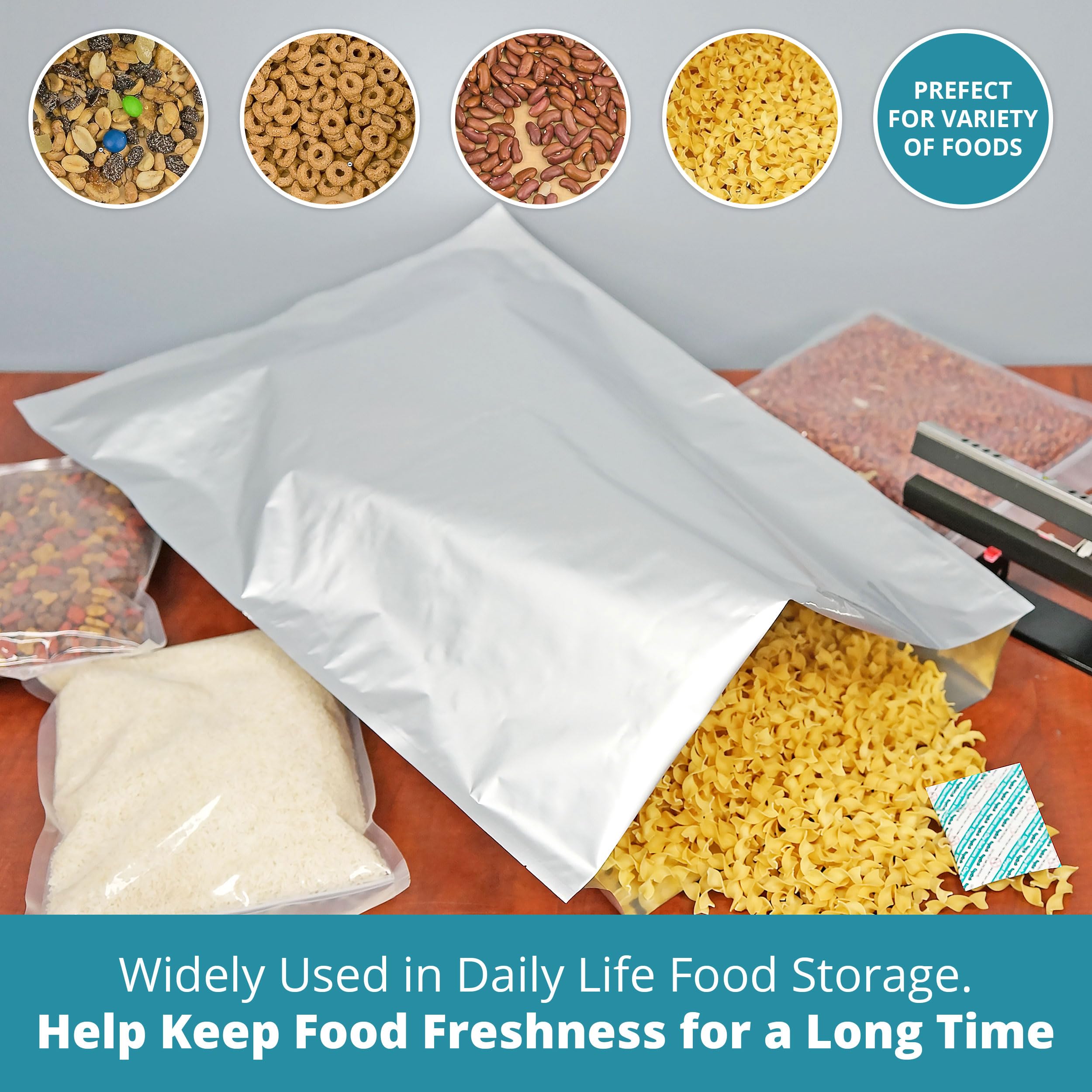 Dry-Packs 10 5 Gallon Mylar Bags with Oxygen Absorbers for Food Storage, 2000cc Oxygen Absorber, Long Term Food Storage Solution, Durable and Reliable Mylar Bags, 20"x30" Silver