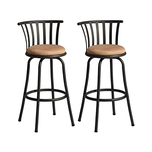 HOTATA Bar Stools Set of 2, 29" Industrial Counter Height Bar Chairs with Metal Back, Fabric Seat, Footrest, Sturdy Steel Frame, Swivel barstools for Bar, Dining Room, Kitchen, Party, Easy Assembly