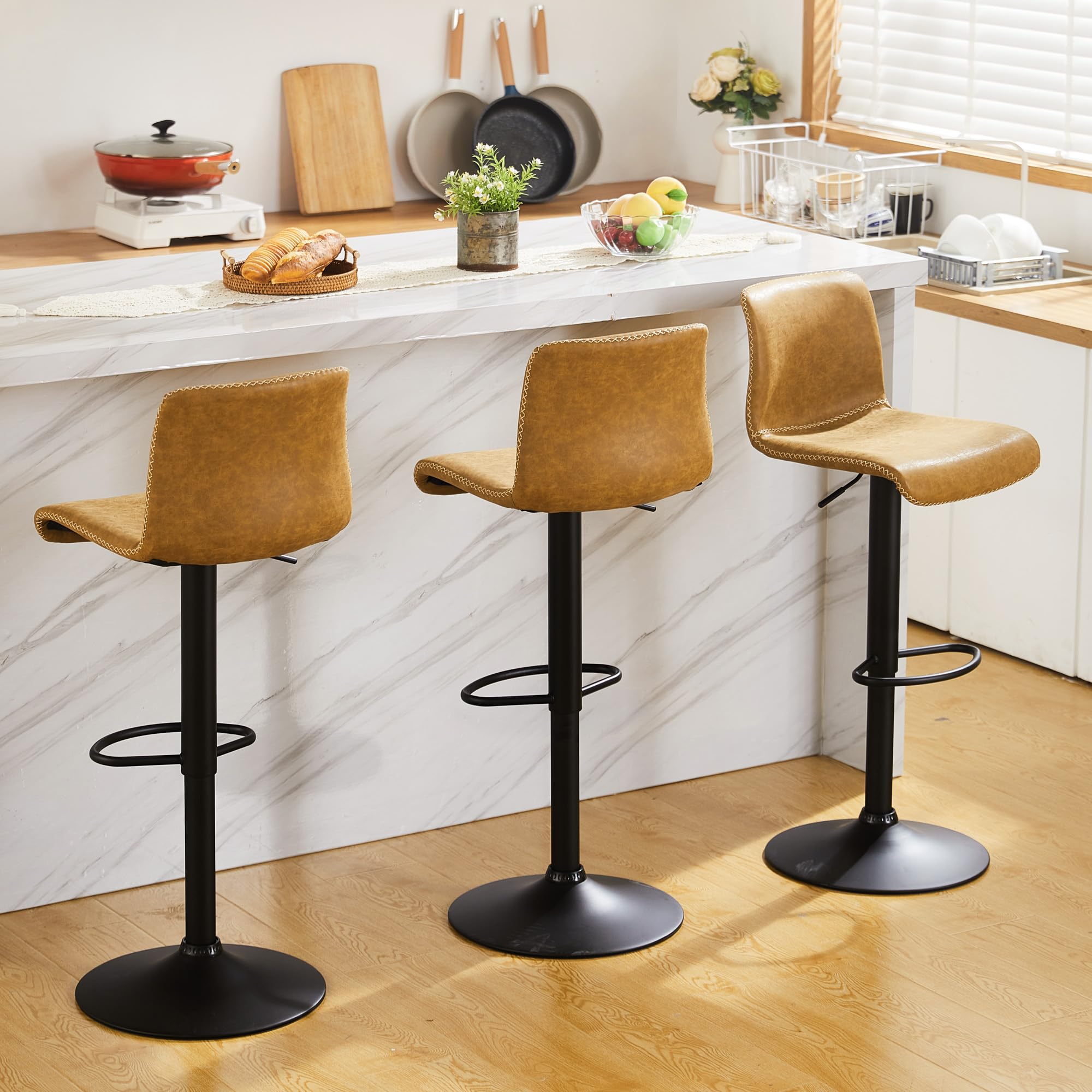 HeuGah Swivel Bar Stools Set of 4, Counter Height with Back, Adjustable Height 24" to 32", Faux Leather for Kitchen Island (Whiskey Brown, Set of 4 (24'' to 32''))