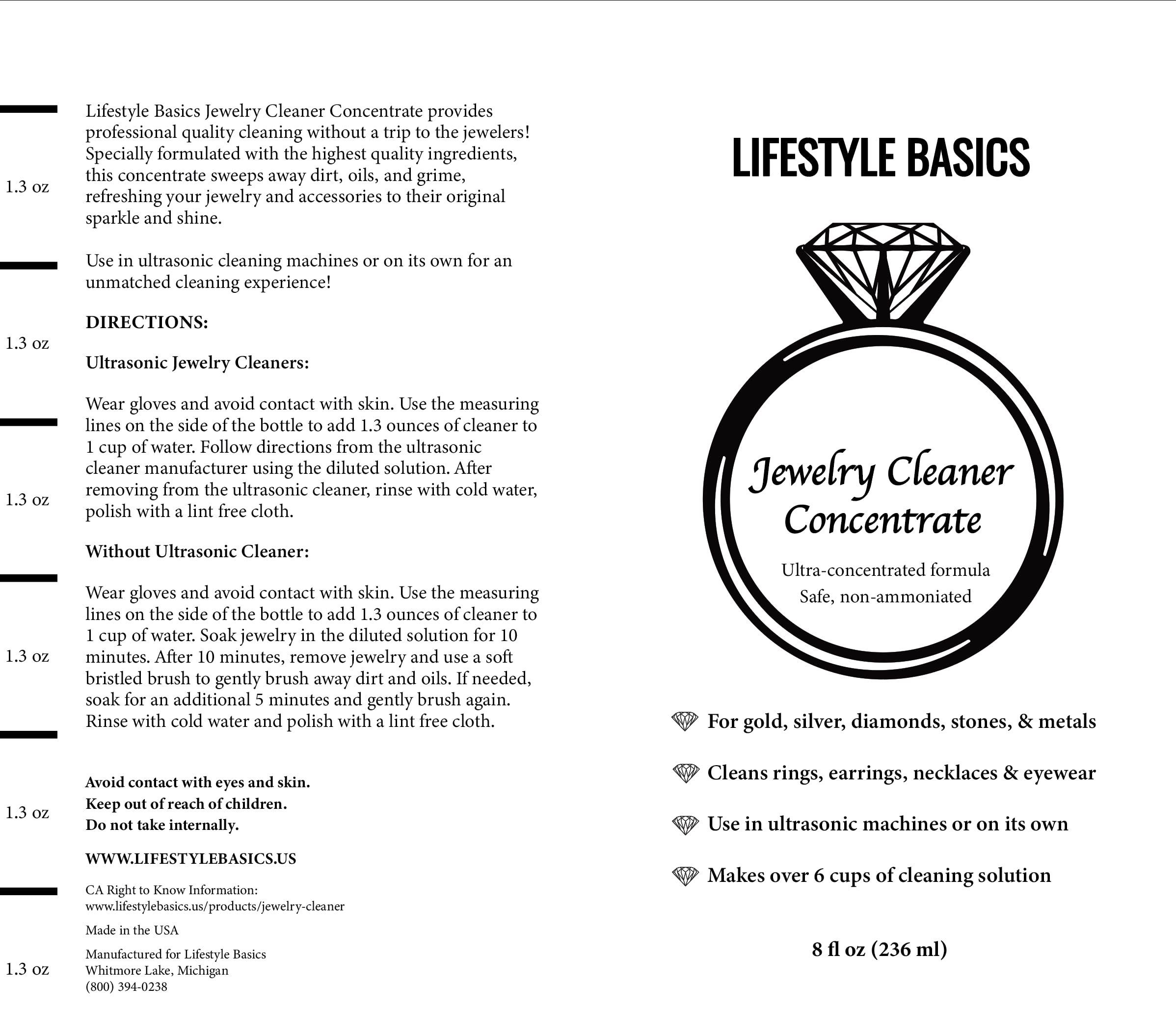 Lifestyle Basics Jewelry Cleaner Solution Liquid Concentrate 8 oz | Cleans Rings, Earrings, Necklaces, Eyewear | Safe for Diamonds, Gold, Silver, Gemstones, and Metals | 1 Bottle Makes 8 Cups