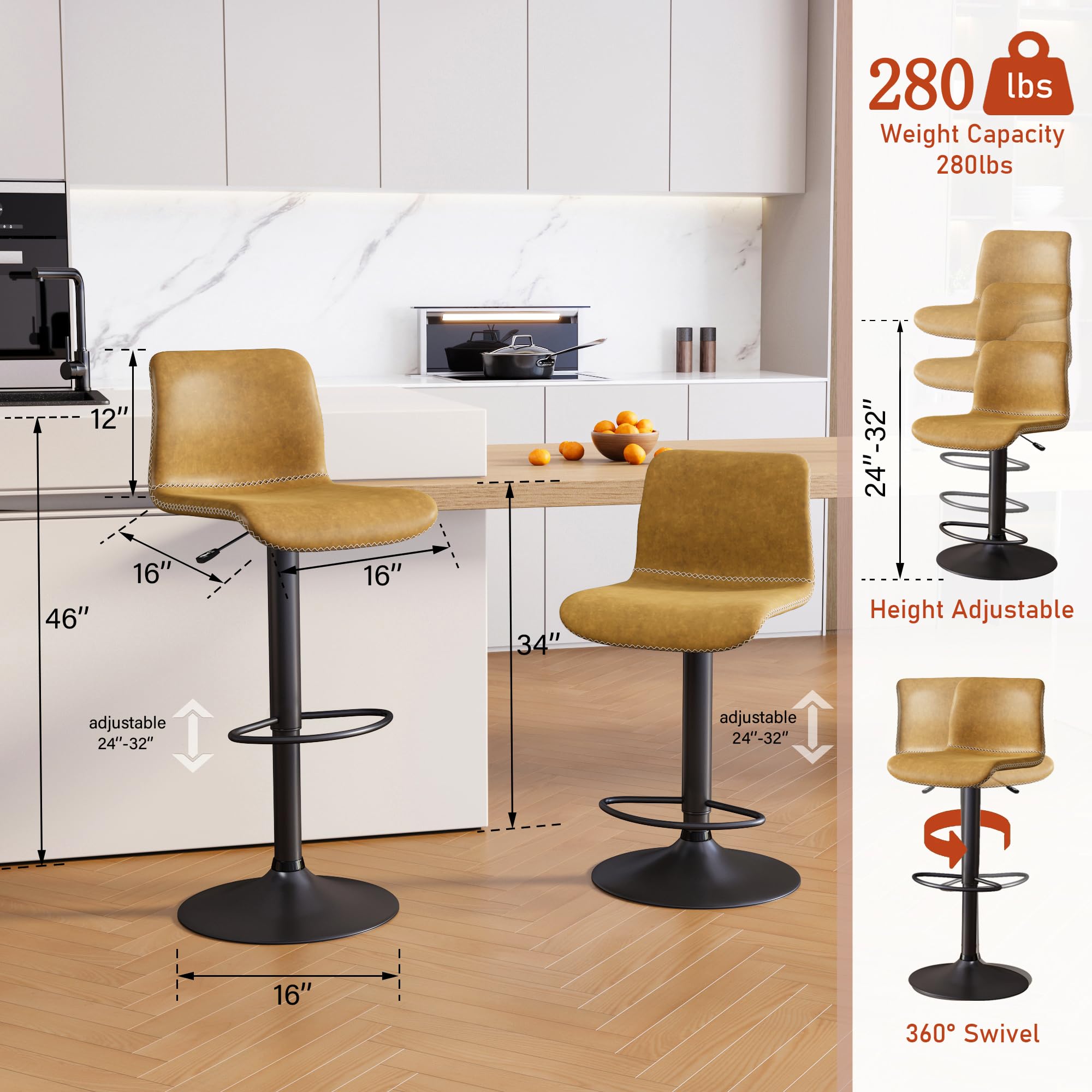 HeuGah Swivel Bar Stools Set of 4, Counter Height with Back, Adjustable Height 24" to 32", Faux Leather for Kitchen Island (Whiskey Brown, Set of 4 (24'' to 32''))