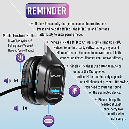 VELKPRO Wireless Headset with Microphone - Noise Canceling Headphones with Mic - On-Ear Earphones with USB Dongle for Office Work, Video Calling, Call Center - 32H Talk Time, Clear Audio Transmission