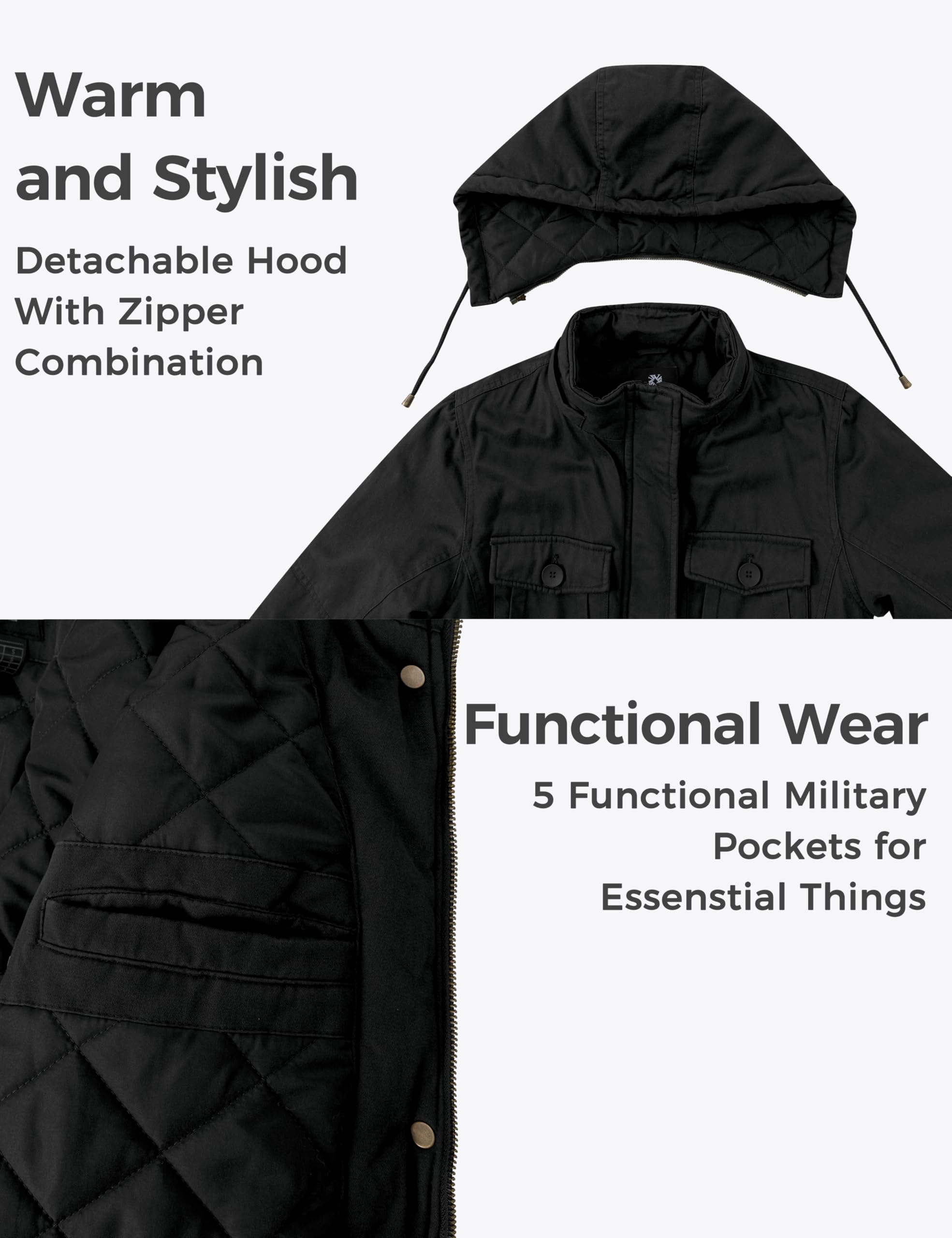 wantdo Women's Winter Military Jacket Outdoor Coat with Removable Hood Black L
