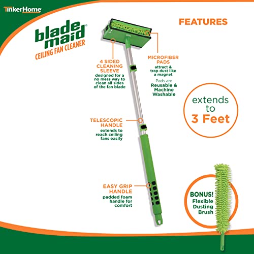 Blade Maid Ceiling Fan Cleaner- Cleaning Tool with 3 Foot Extendable Pole, Cleaning Head, Reusable Fiber Duster, & Flexible Brush