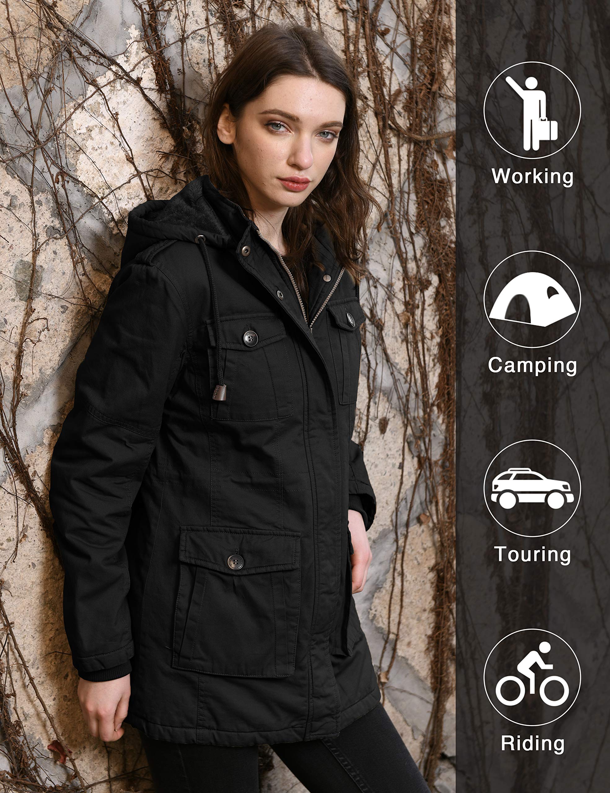 wantdo Women's Winter Military Jacket Outdoor Coat with Removable Hood Black L