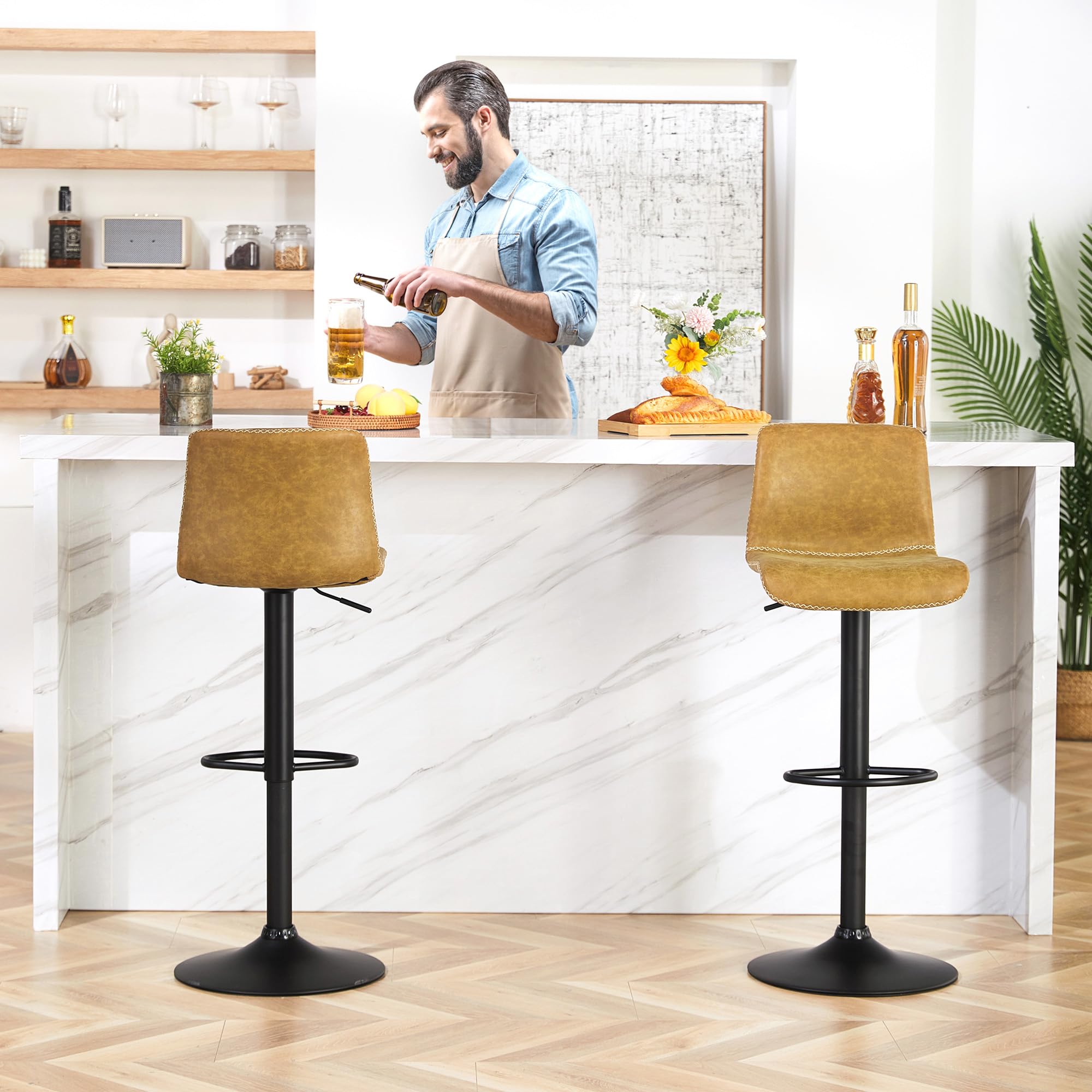 HeuGah Swivel Bar Stools Set of 4, Counter Height with Back, Adjustable Height 24" to 32", Faux Leather for Kitchen Island (Whiskey Brown, Set of 4 (24'' to 32''))