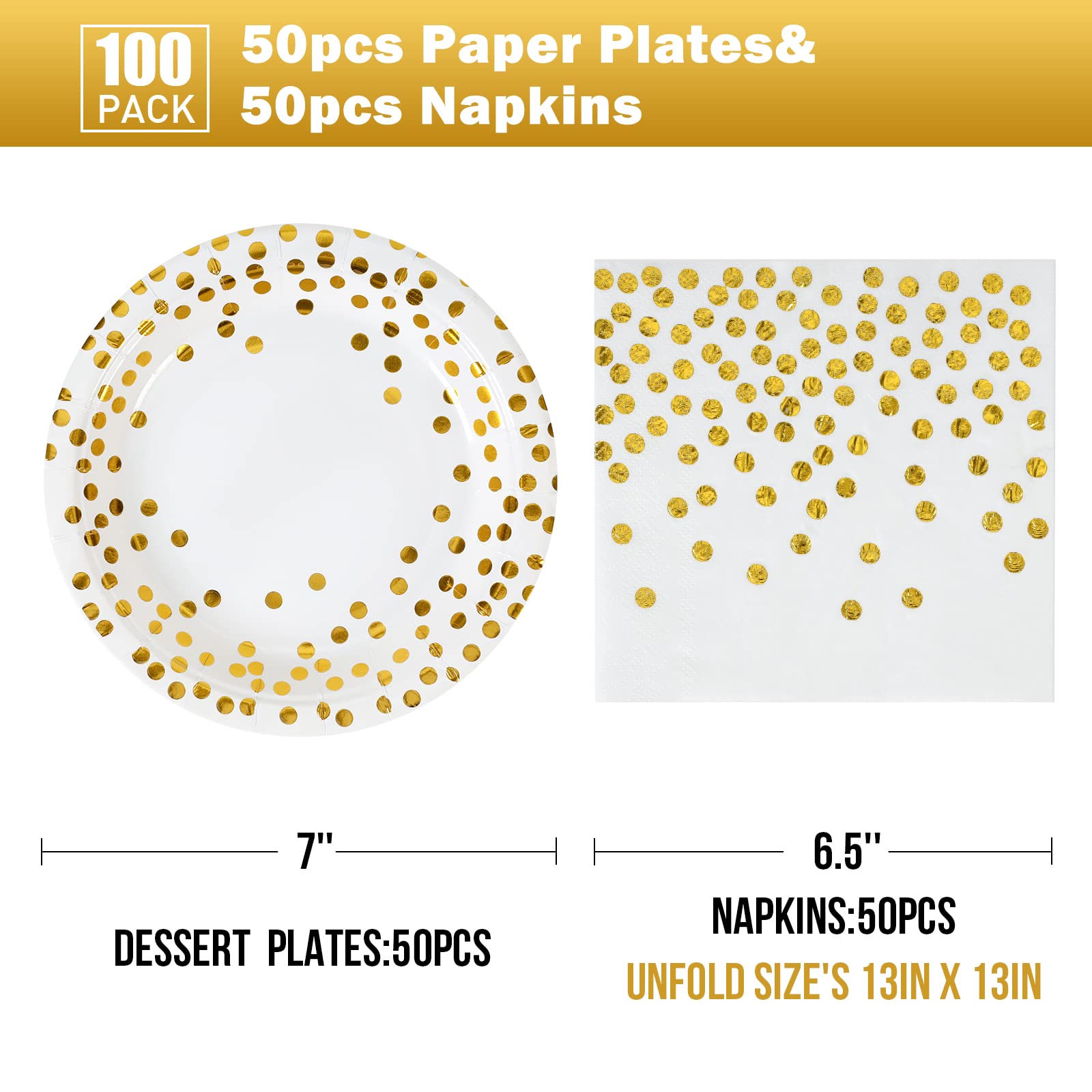 CENLBJ Disposable Plates 100 Pack - White & Gold Paper Plates 50 x 7, Gold Dot Napkins 50 x 6.5, Party Supplies for Weddings, Birthdays & All Occasions